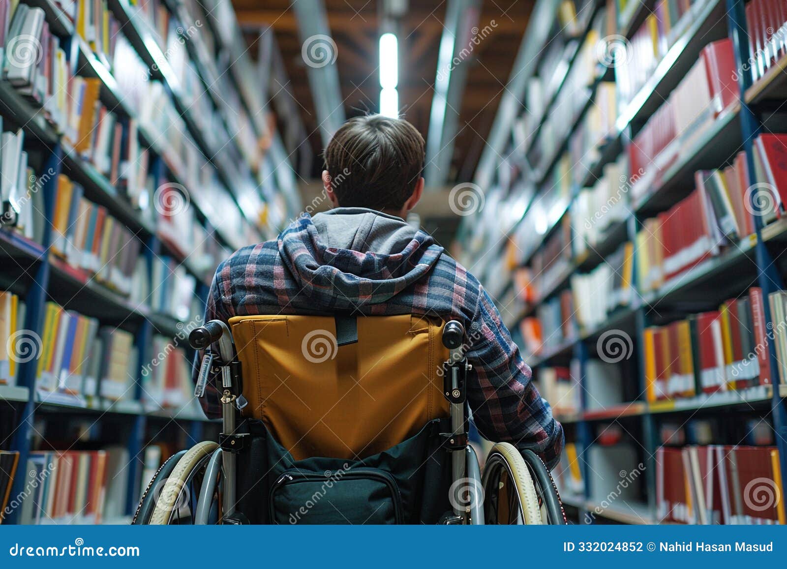 Back View of Disabled Student in Wheelchair Choosing Books while ...