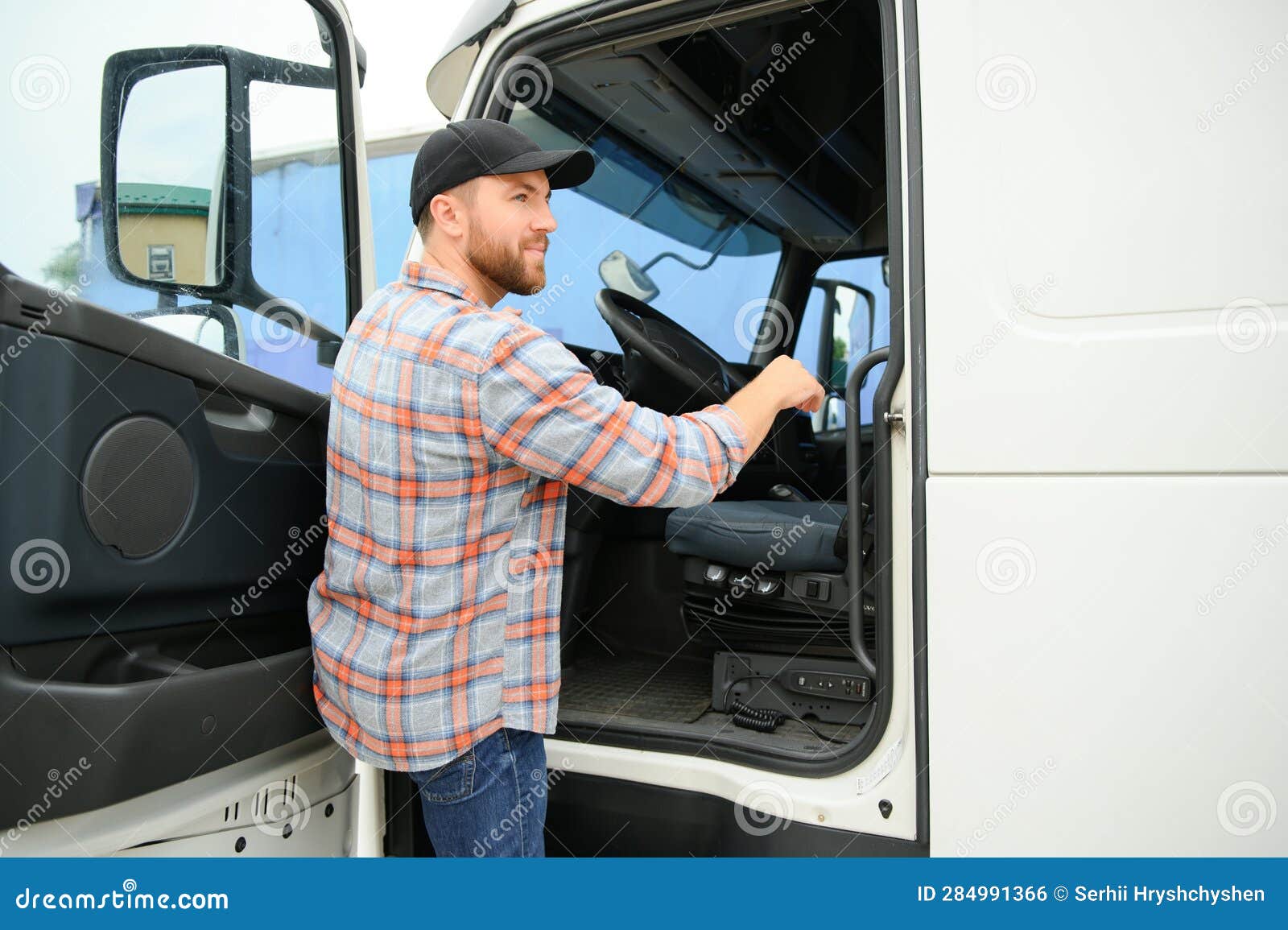 Back View of Driver Getting into Truck Cabin. Stock Photo - Image of ...