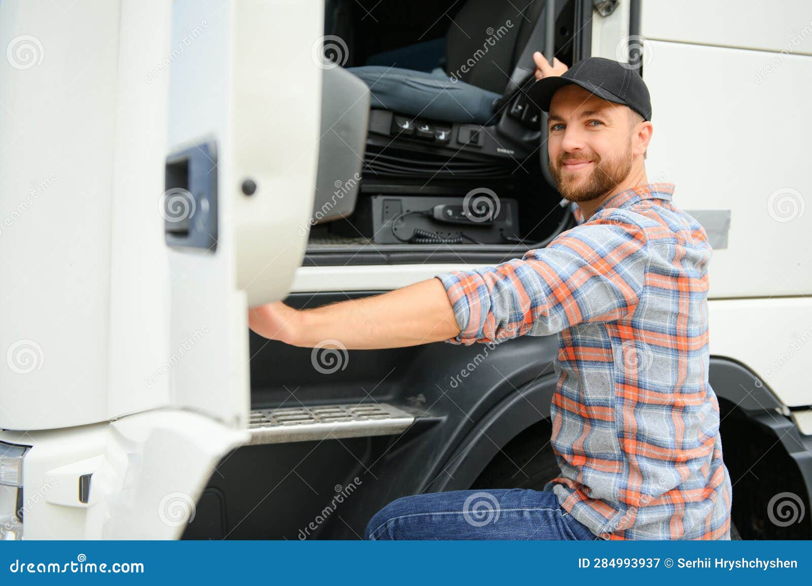 Back View of Driver Getting into Truck Cabin. Stock Image - Image of ...