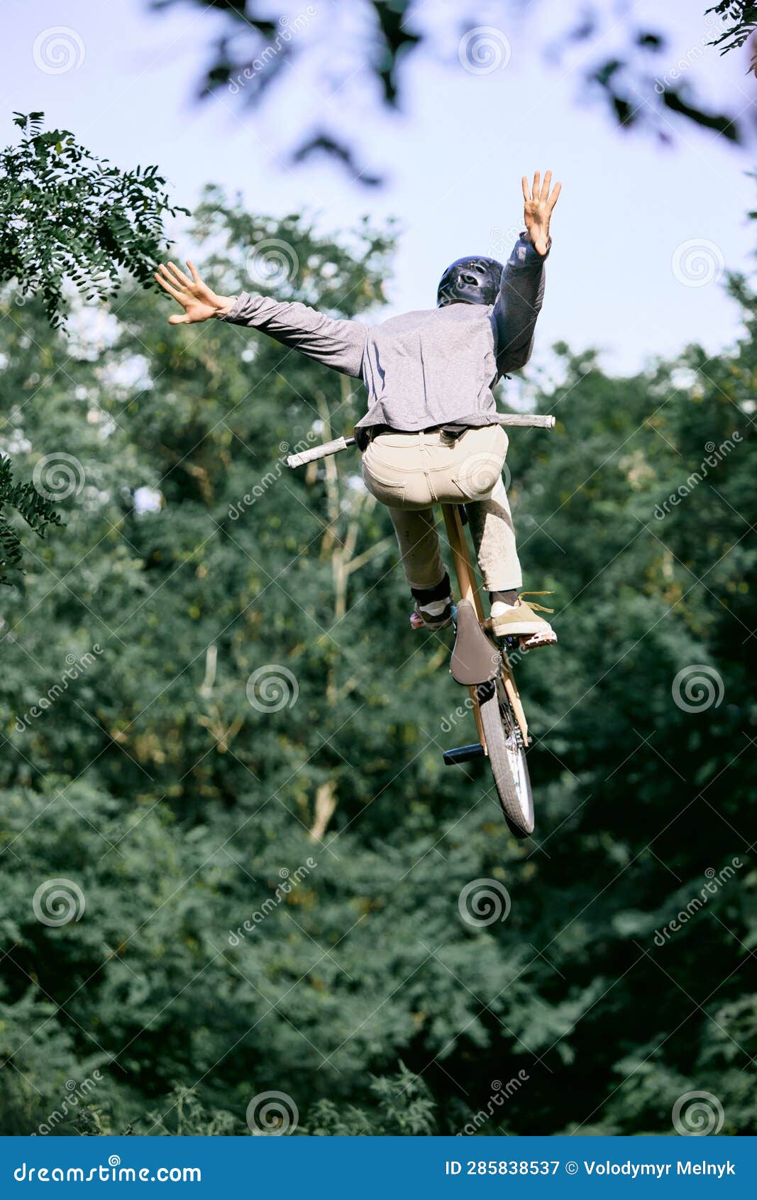Back View Dynamic Image of Young Man in Helmet Riding Bmx Bike in ...