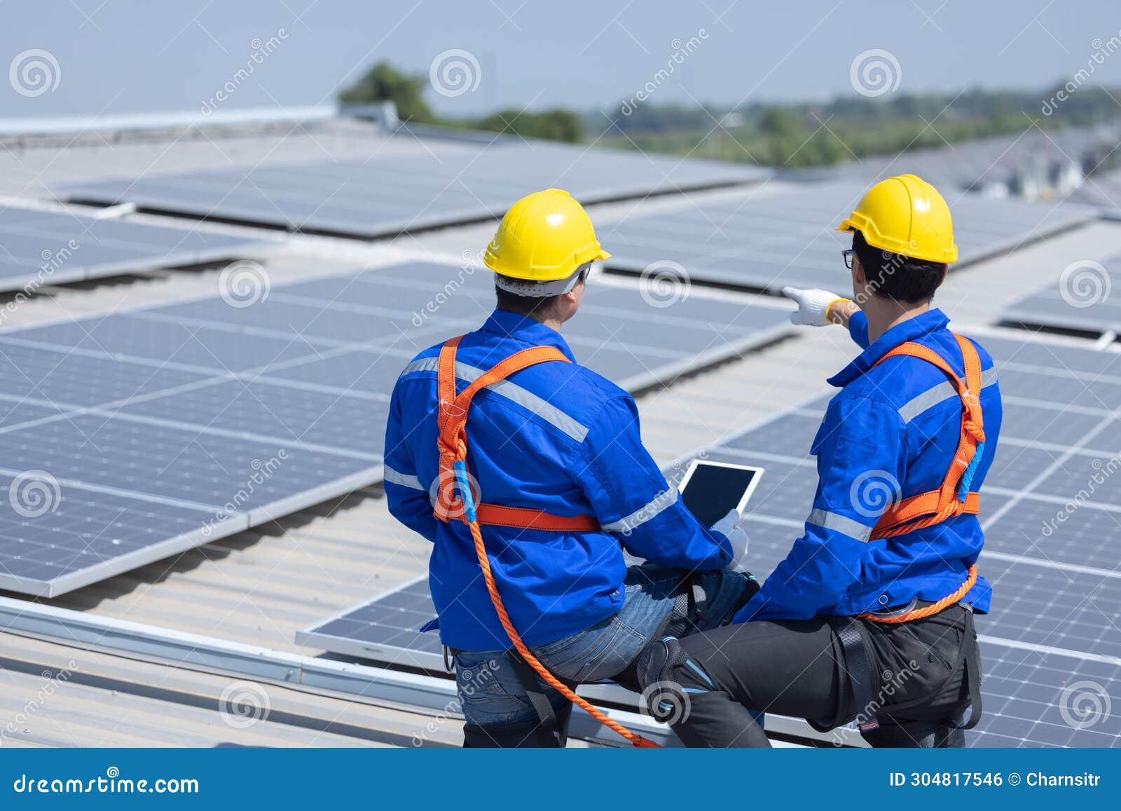 Back View of Engineer Checking on Solar Panel on the Factory Rooftop ...