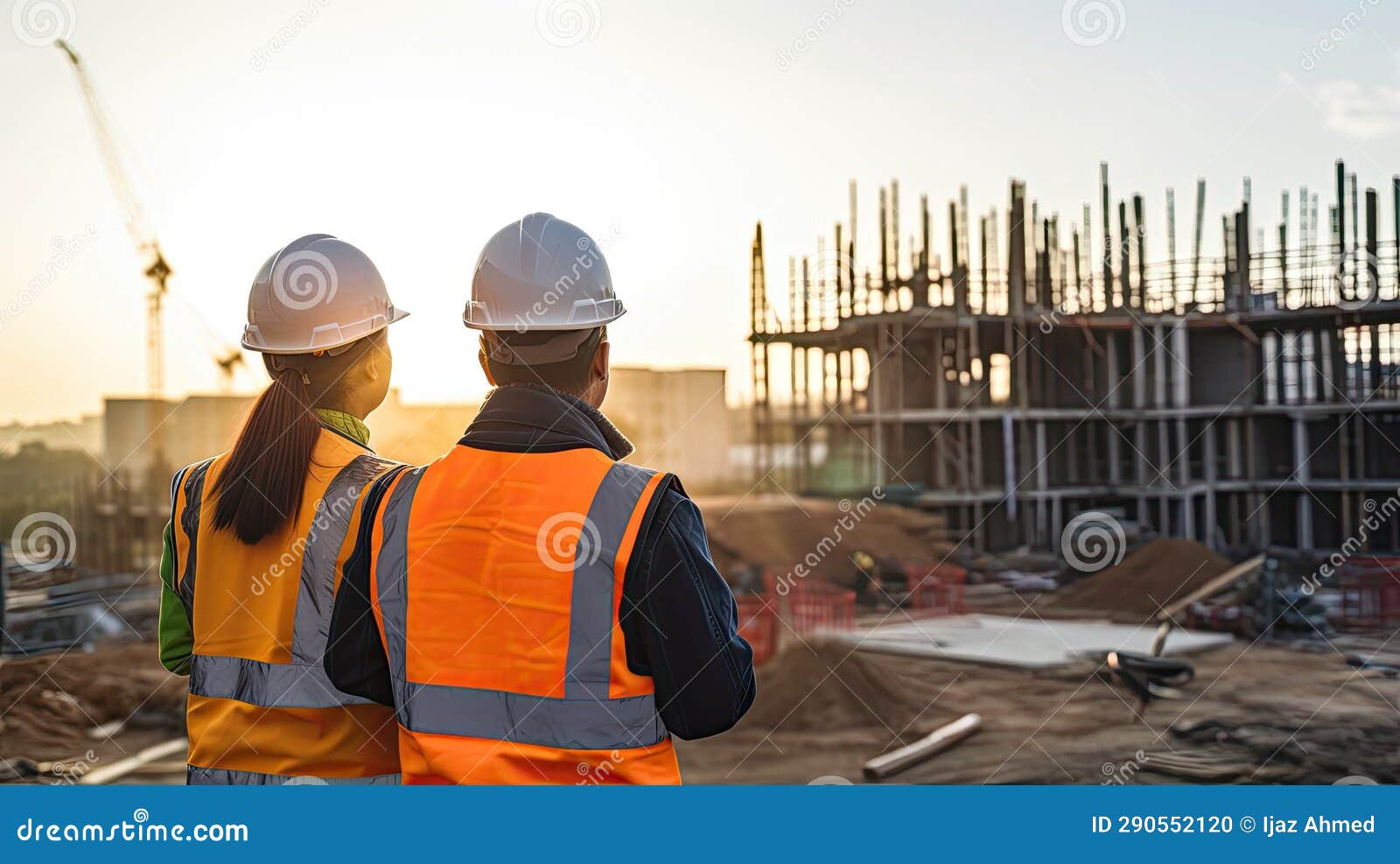 Back View of Engineer and Foreman Standing on Construction Site at ...