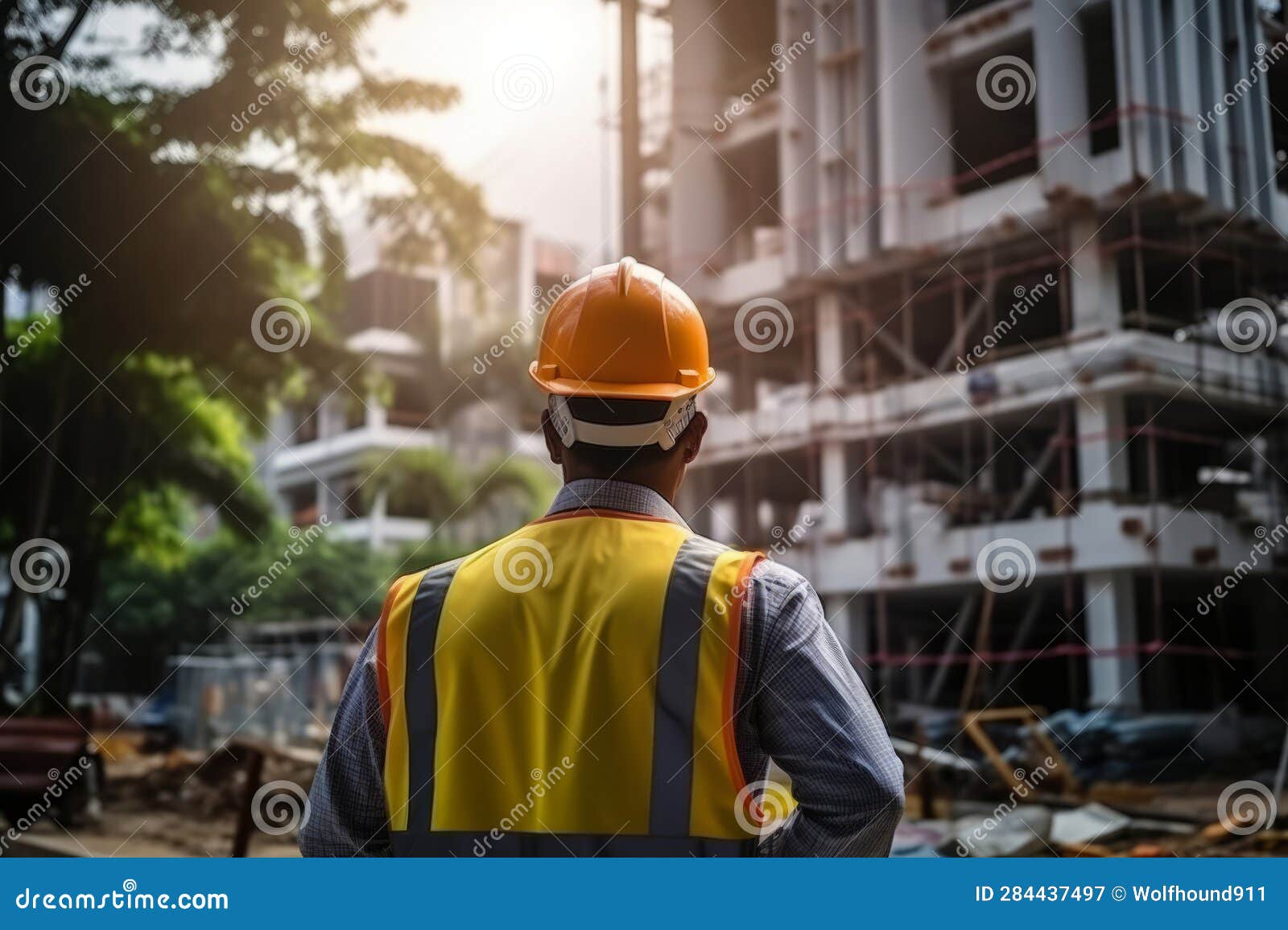 Back View, Engineer Look Upward, Ground Level Angle of Building ...