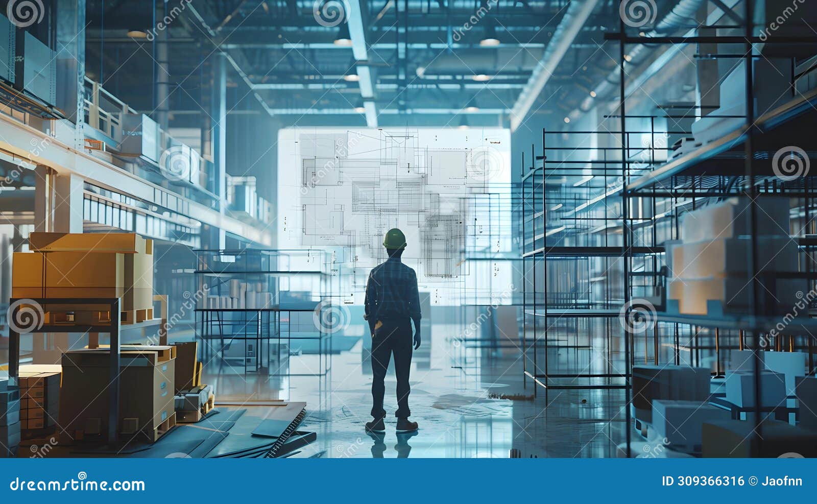 Back View of Engineer Looking at Construction Site and Blueprint. Mixed ...