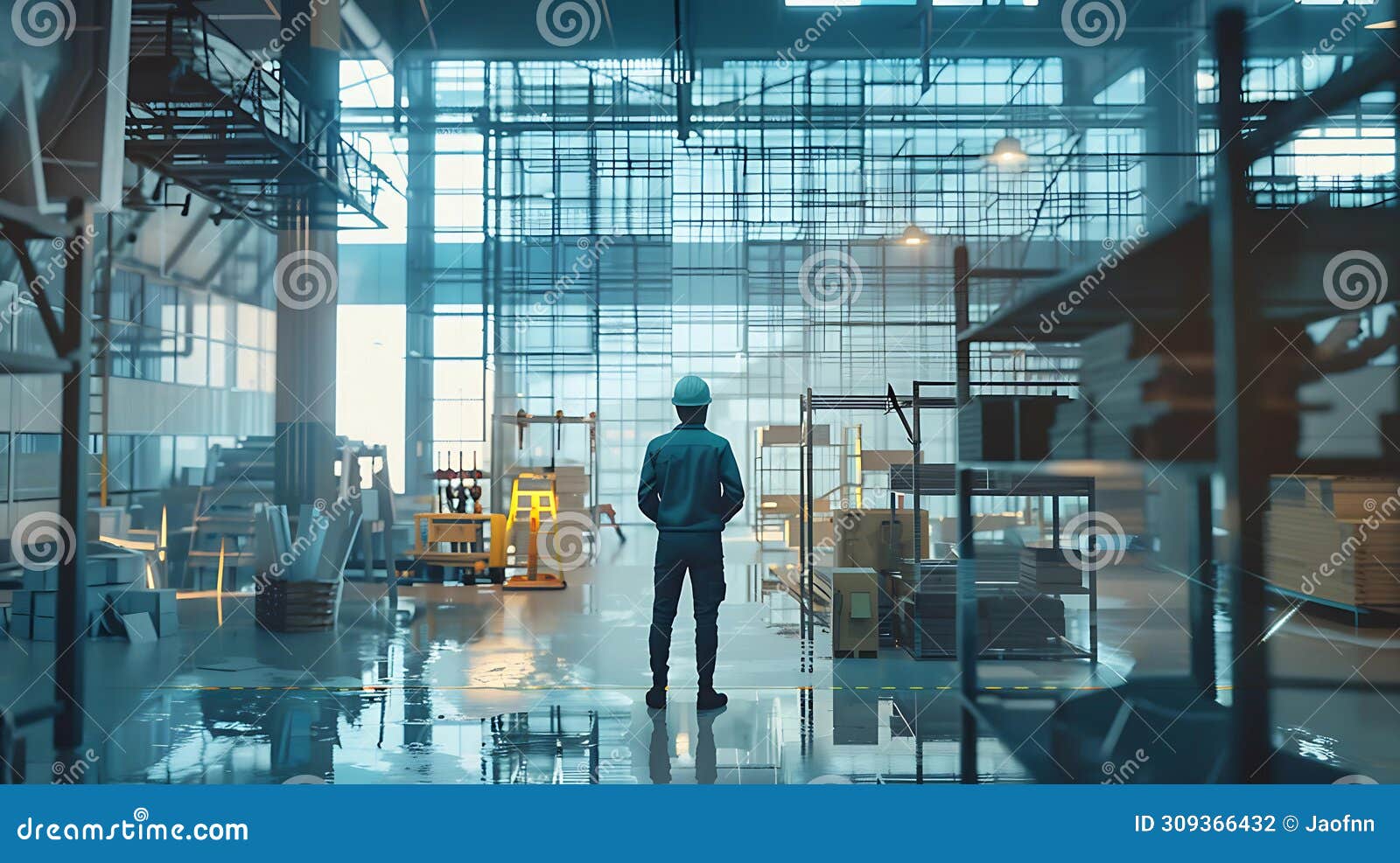 Back View of Engineer Looking at Construction Site and Blueprint. Mixed ...