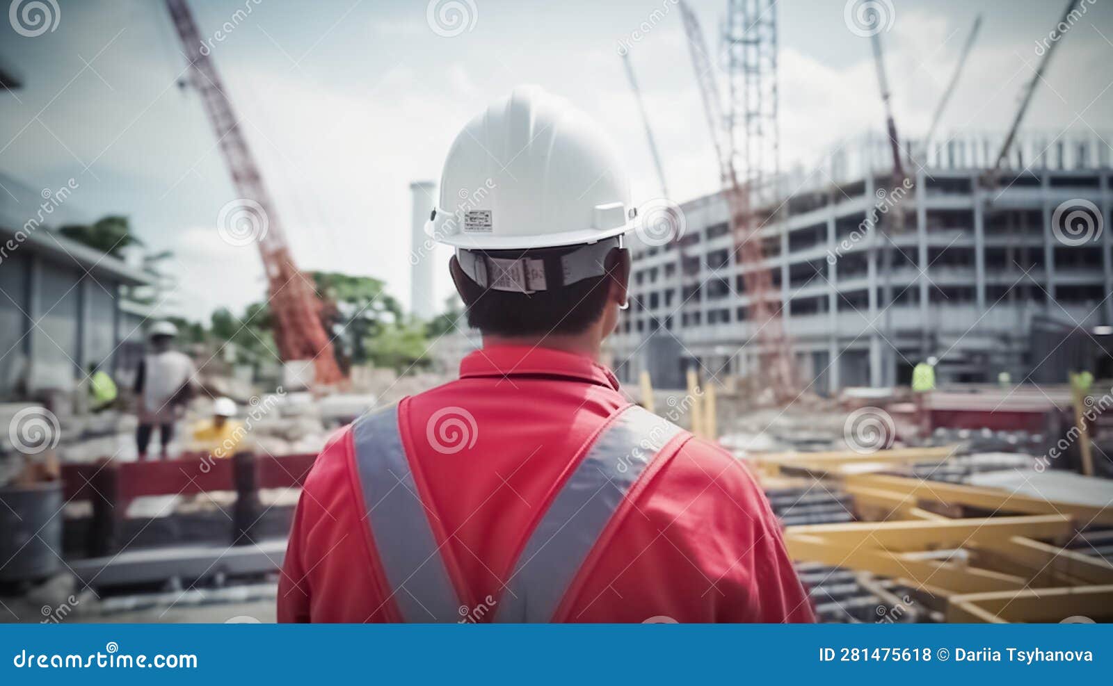 Back View of Engineer in Safety Helmet and Uniforms Inspecting and ...