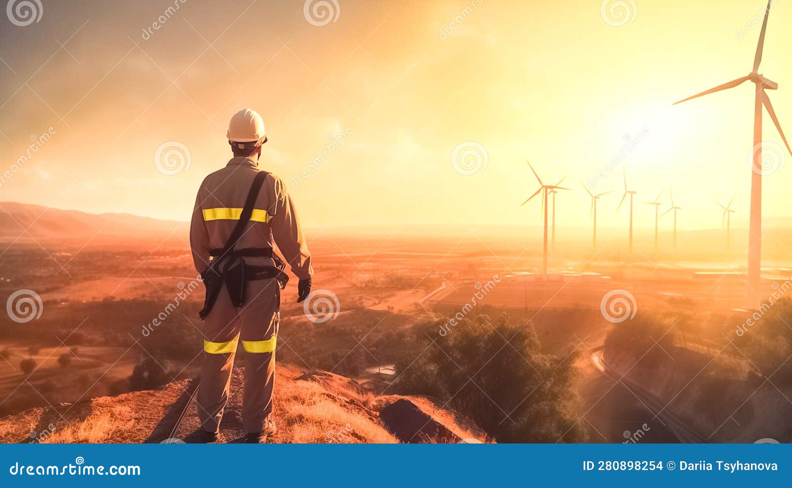 Back View of Engineer in Safety Helmet and Uniforms Standing a Top ...