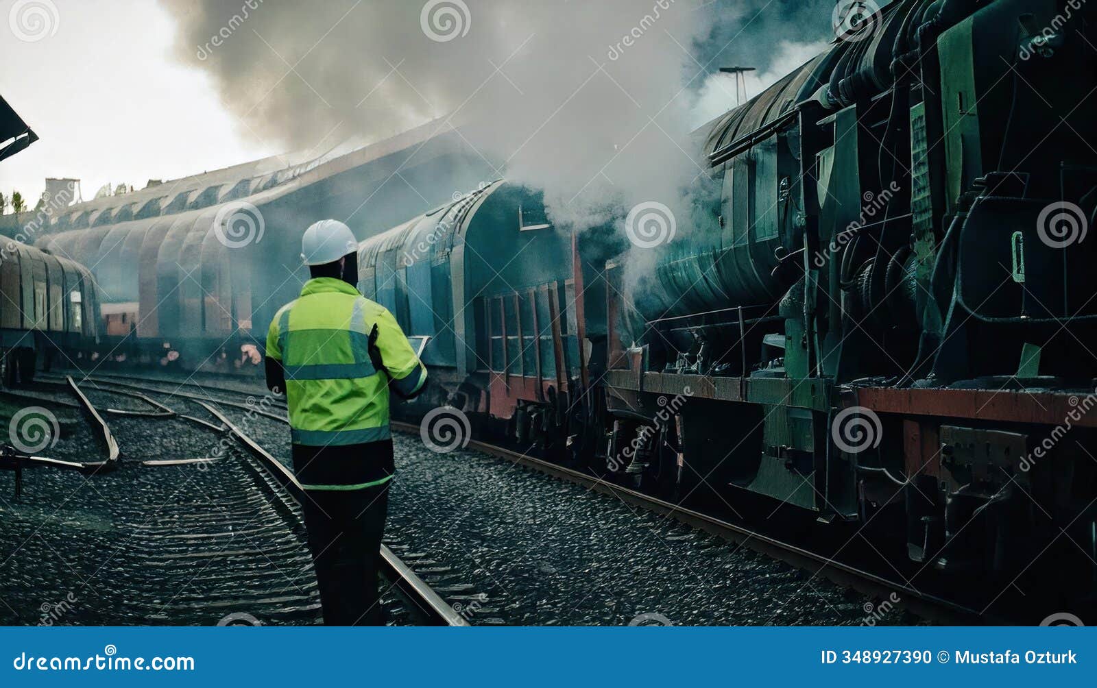 Back View Engineer Train is Monitoring the Old Steam Train Stock ...