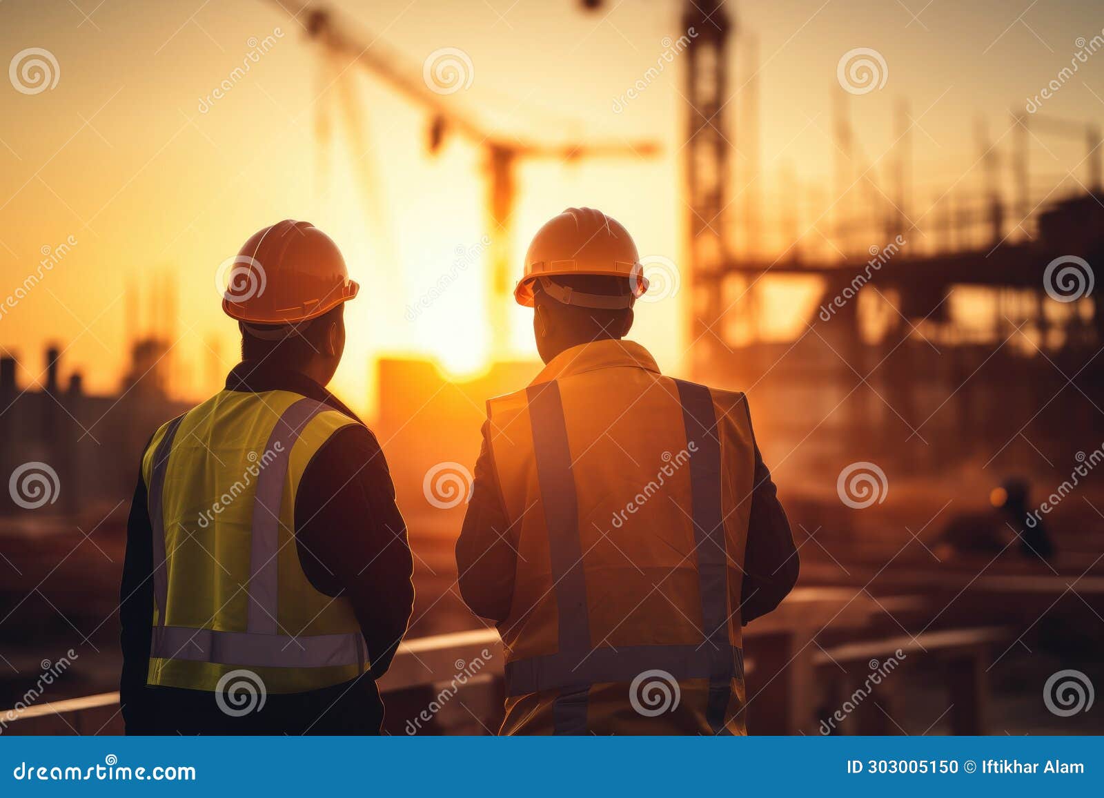 Back View of Engineer and Worker Standing on Construction Site at ...