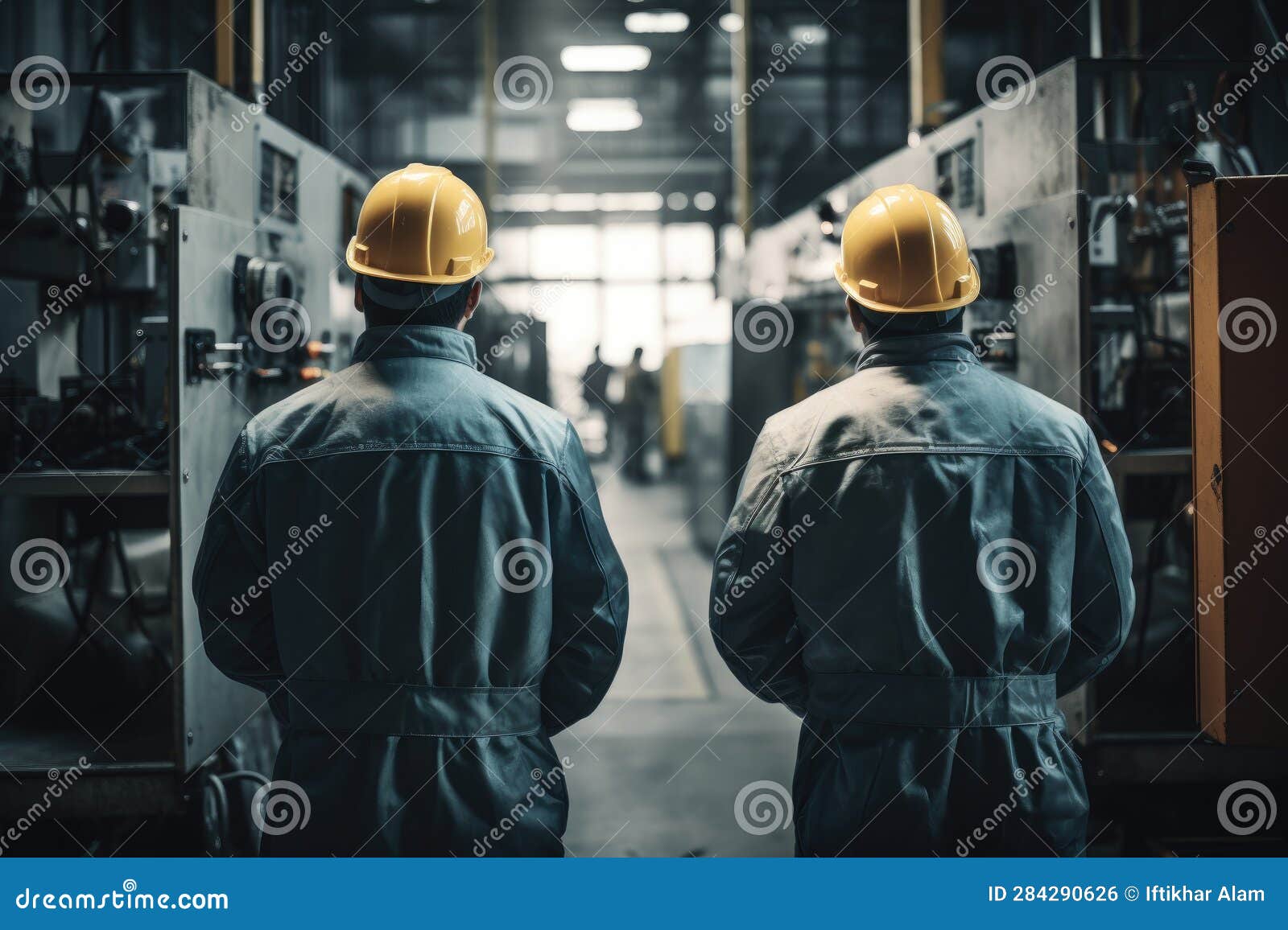 Back View of Engineer and Worker Standing in Factory. Industry and ...