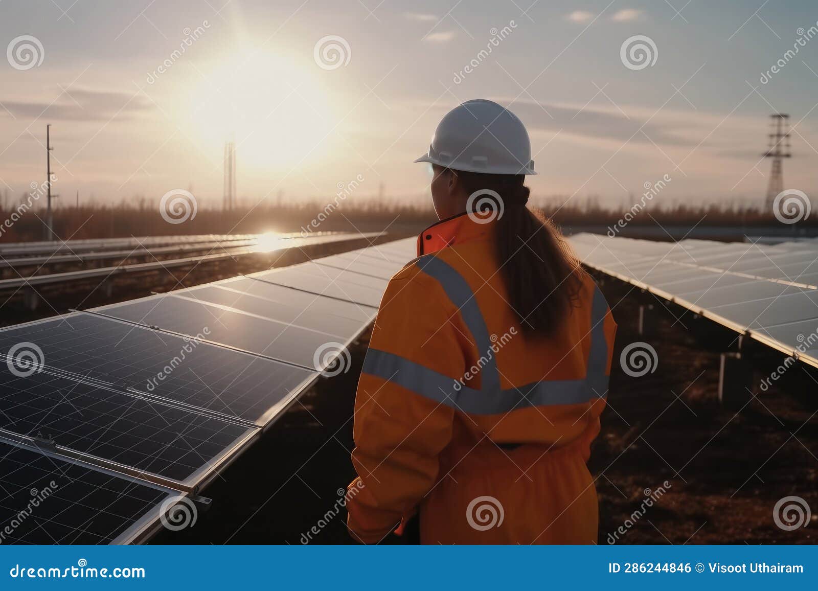 Back View Engineer are Working at Solar Power Plant Stock Illustration ...