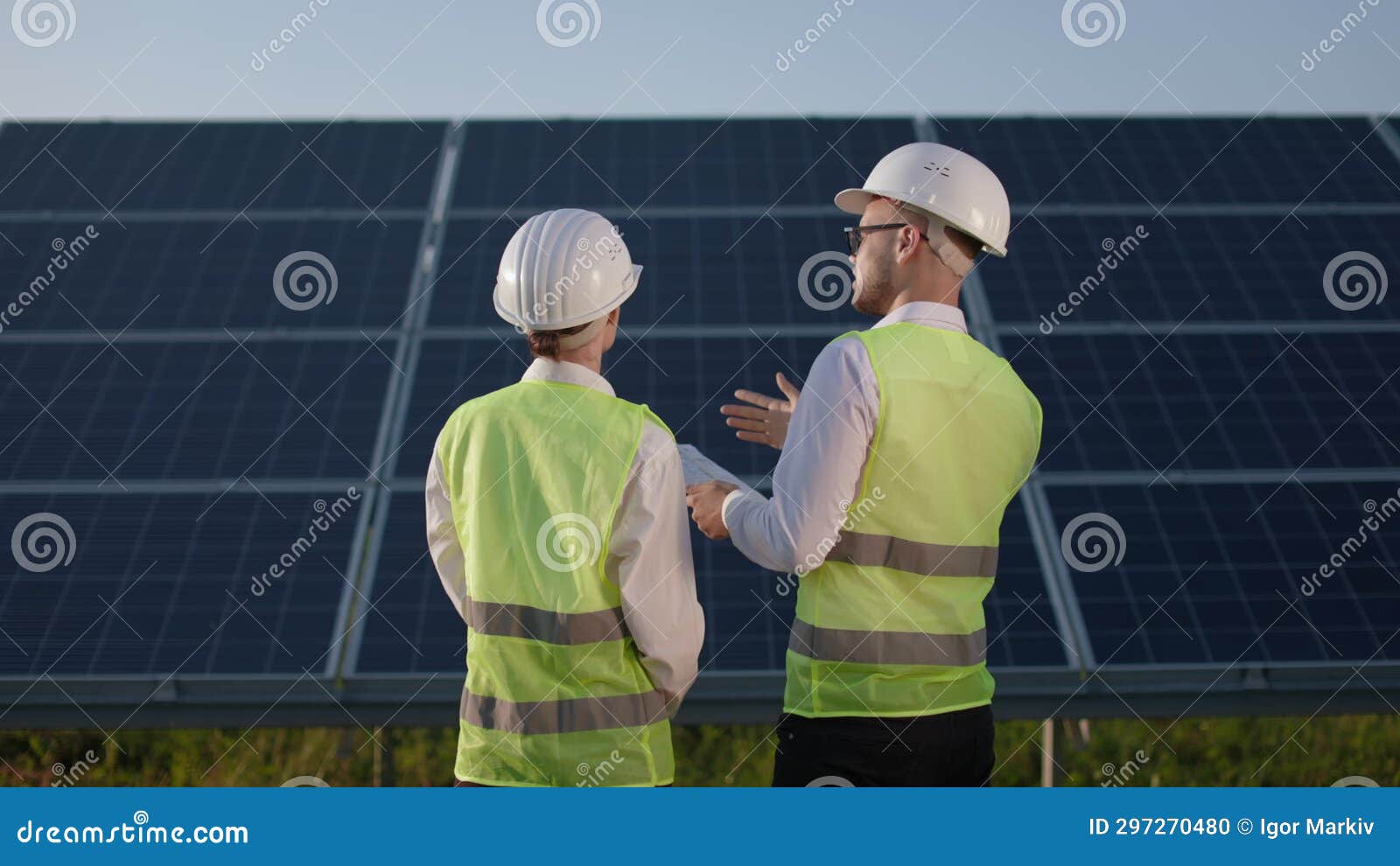 Back View of Engineers Talking and Gesturing on Solar Farm. Stock ...