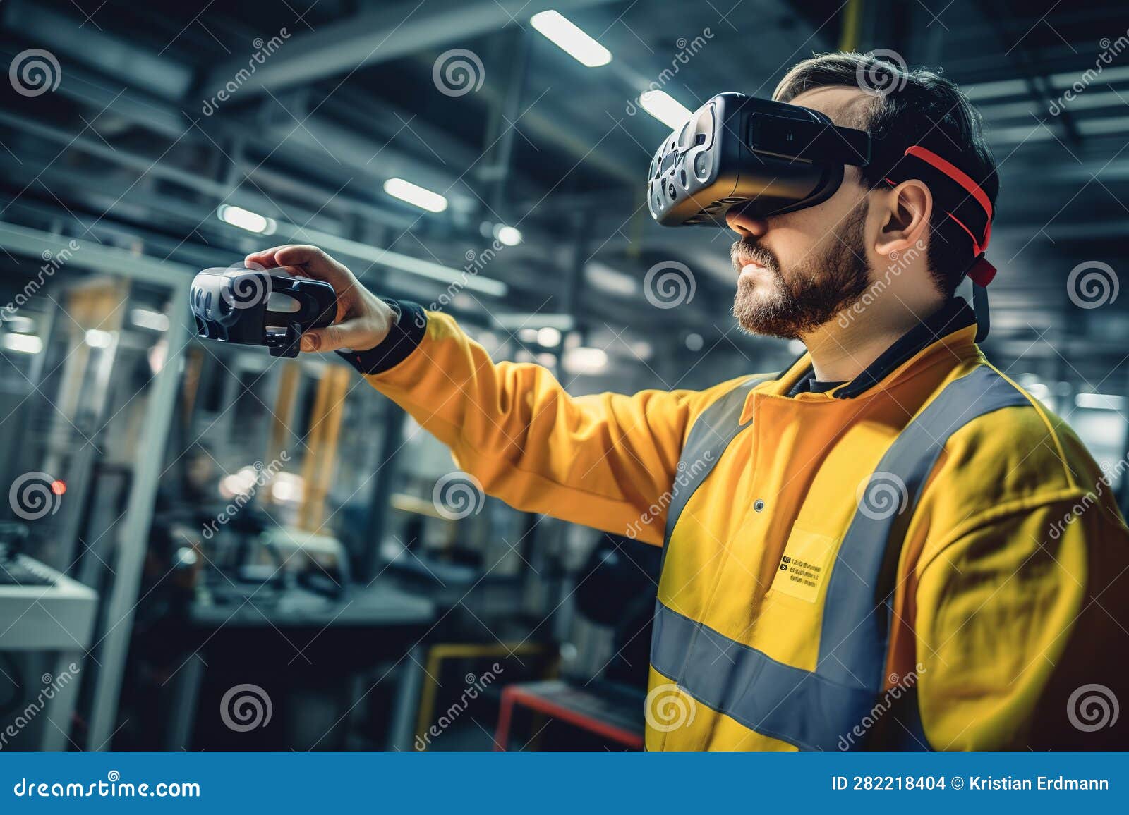 A Back View of a Factory Worker Engaging with a VR Headset for Training ...