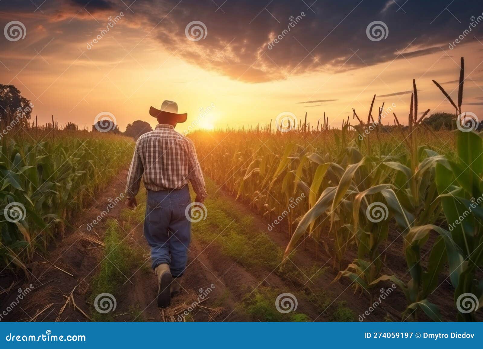 Back View Farmer Going on the Corn Field at Sunset Stock Illustration ...