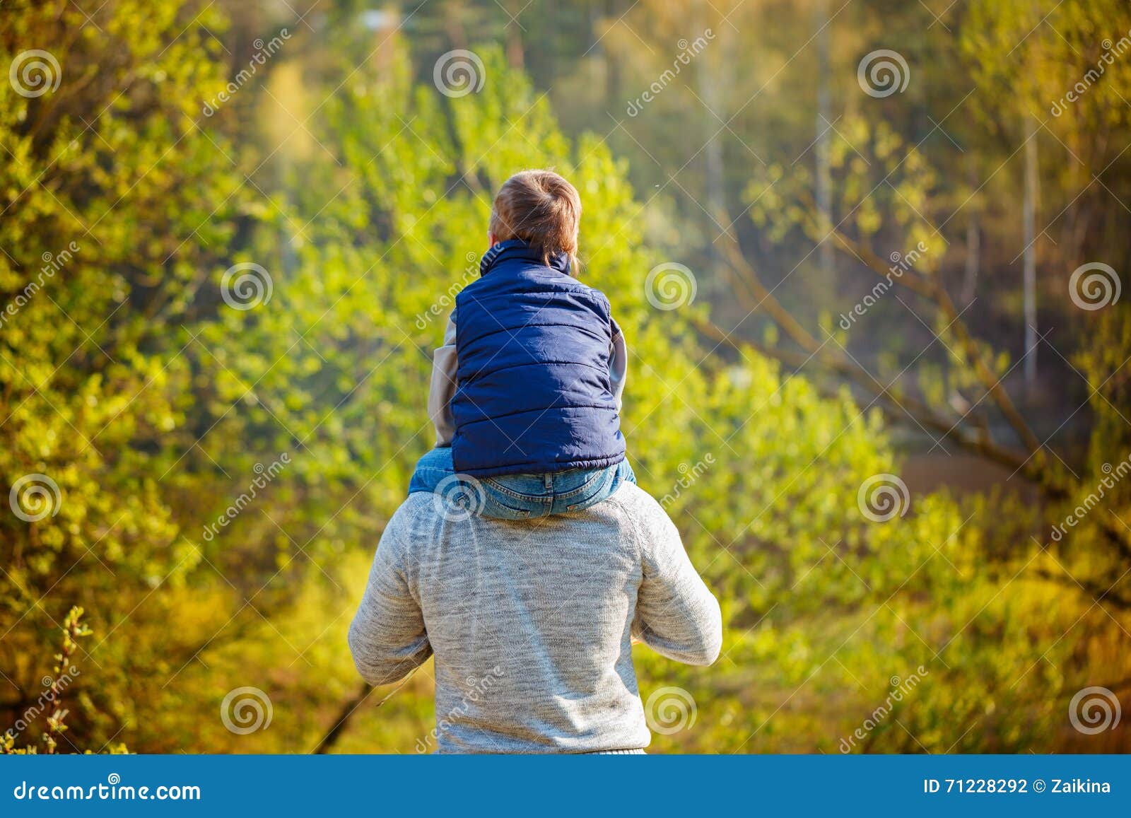 Back View of Father His Son on Shoulders on Nature. Stock Photo - Image ...
