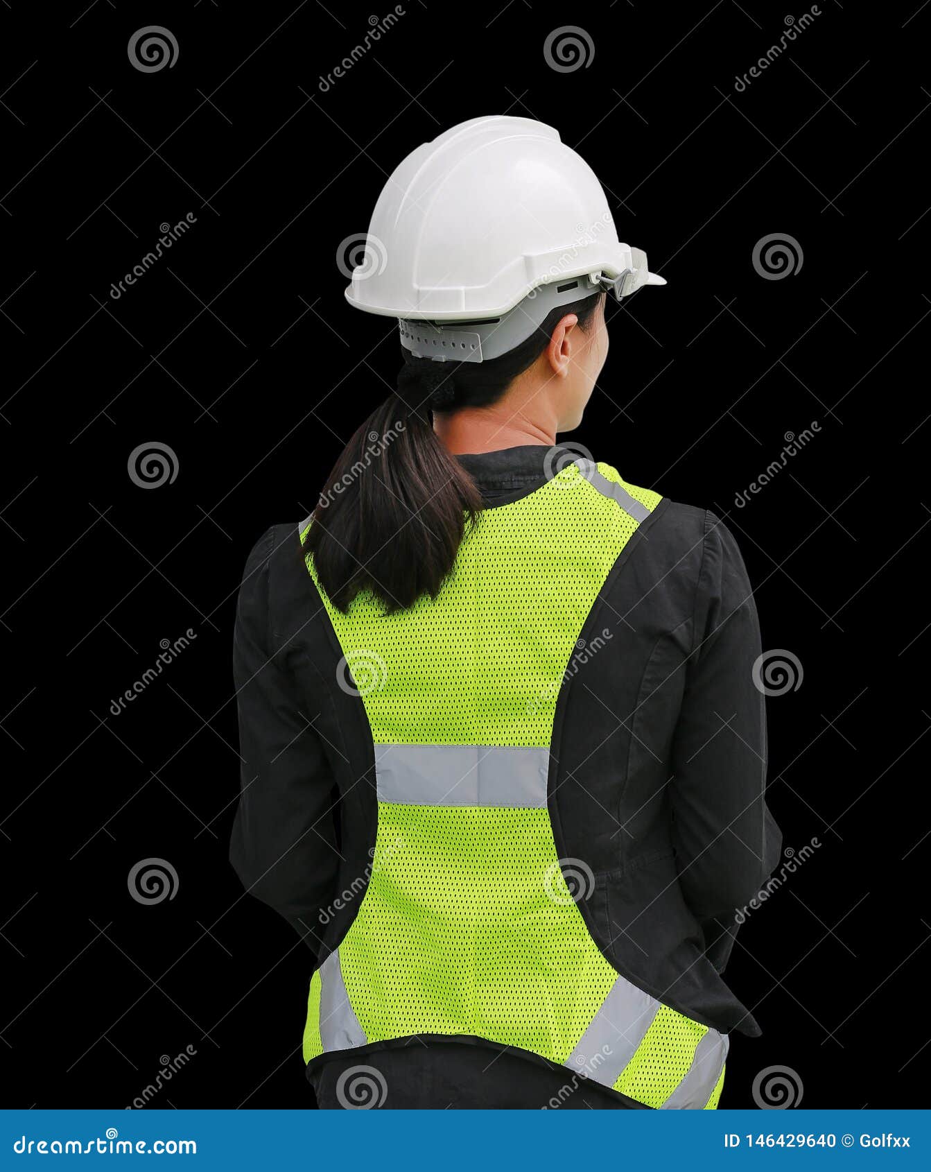 Back View of Female Construction Worker Isolated on Black Background ...