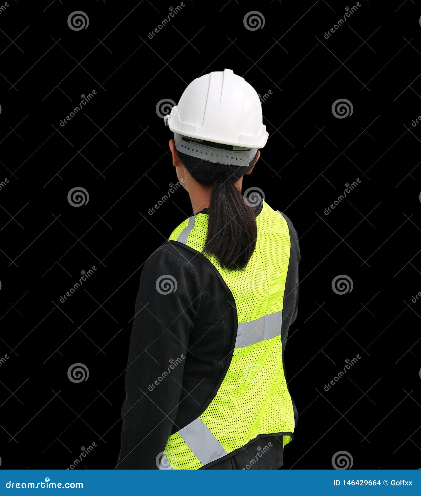 Back View of Female Construction Worker Isolated on Black Background ...