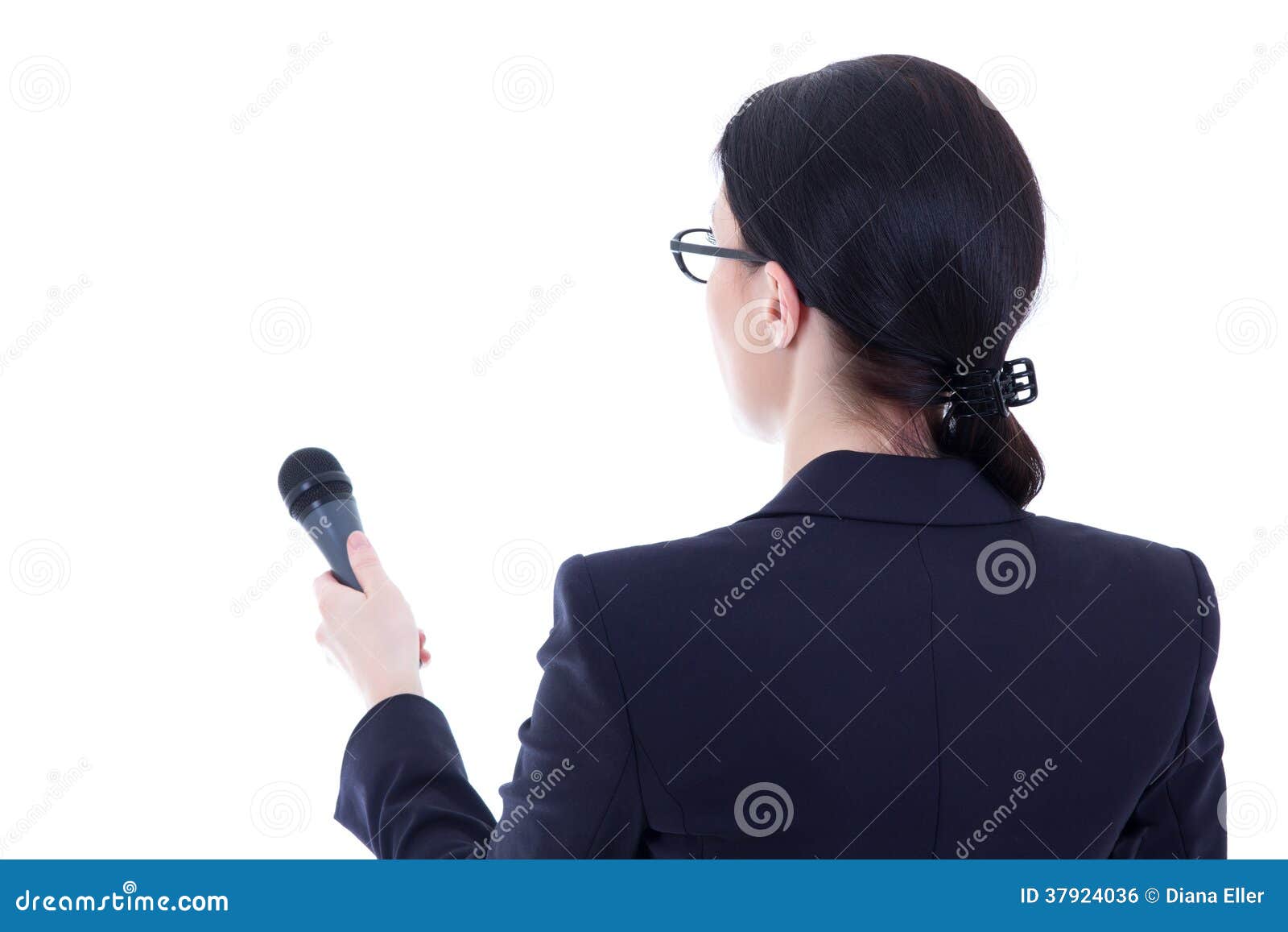 Back View of Female Journalist with Microphone Isolated on White Stock ...