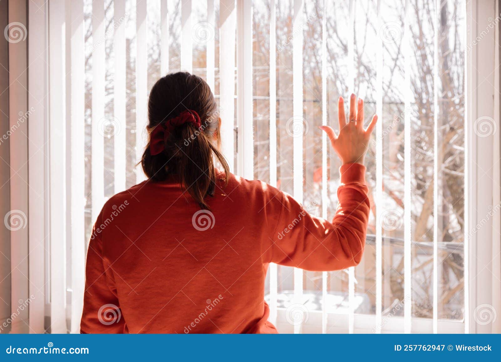 Back View of a Female Looking Out of the Window Blinds Stock Image ...