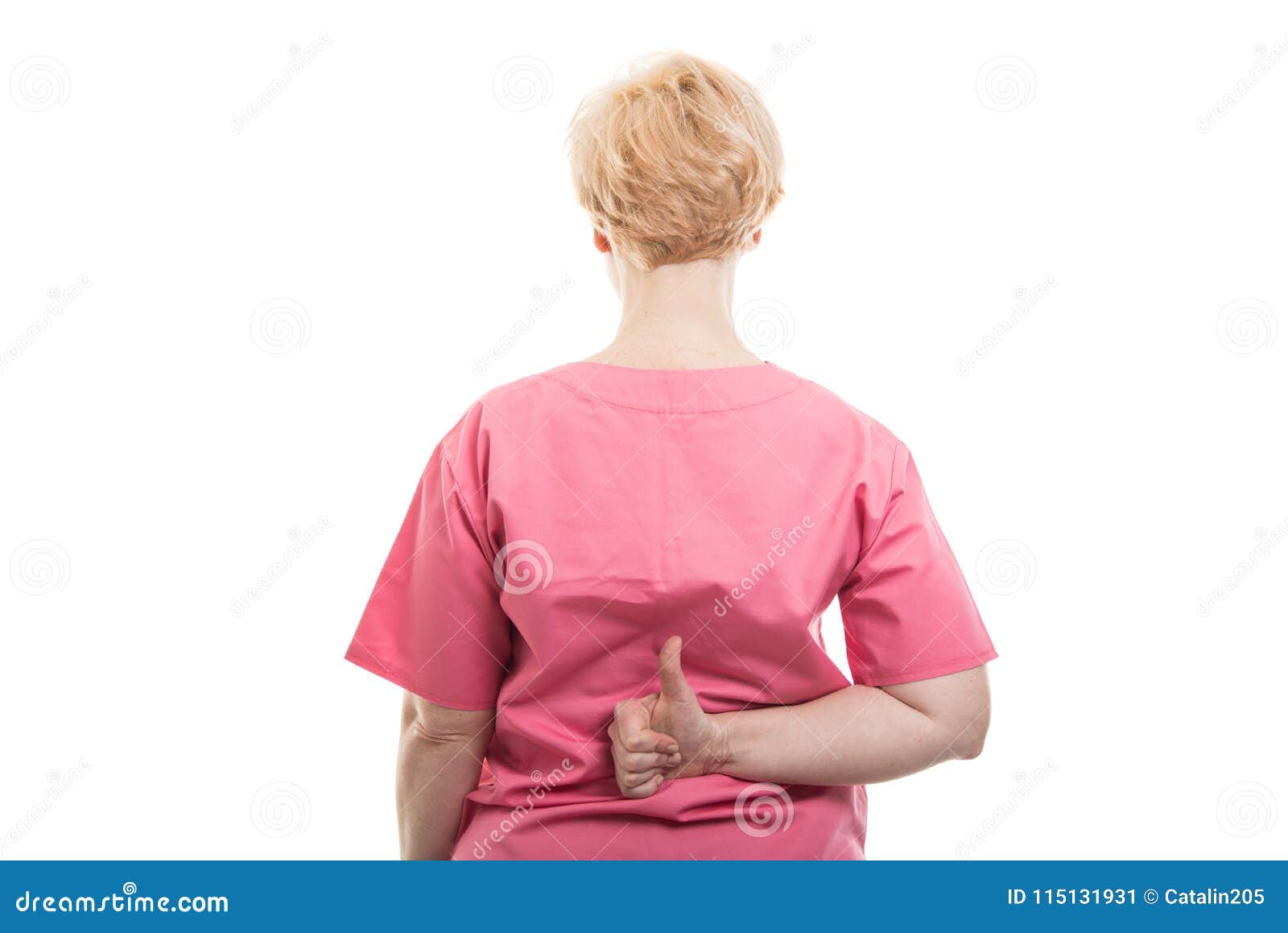 Back View Of Female Nurse Wearing Pink Scrubs Showing Like Gesture