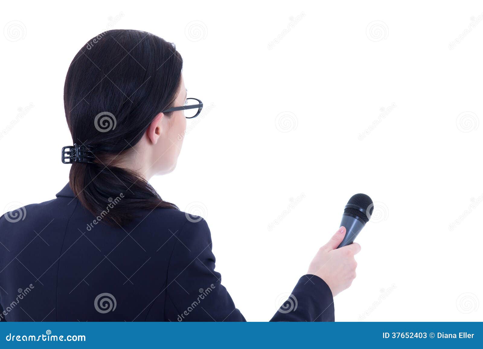 Back View of Female Reporter with Microphone Isolated on White Stock ...