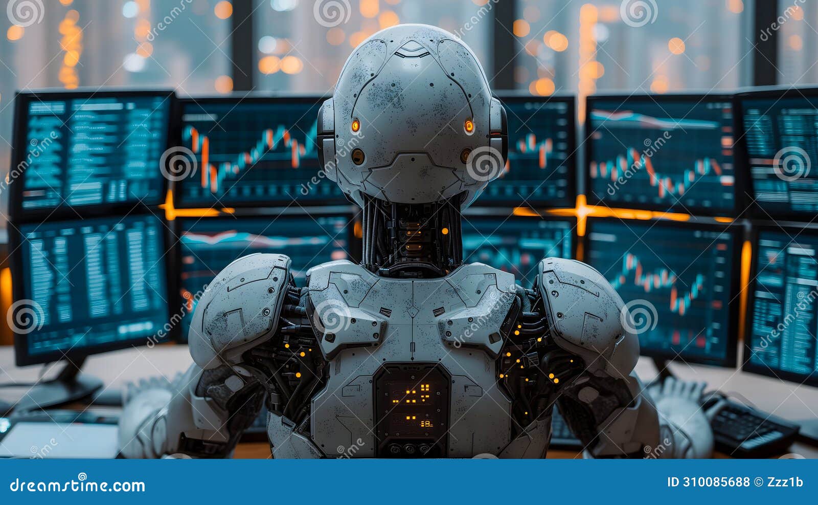 Back View of a Financial Analyst Day Trader Robot Working on Computer ...
