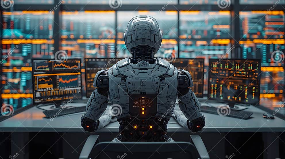 Back View of a Financial Analyst Day Trader Robot Working on Computer ...
