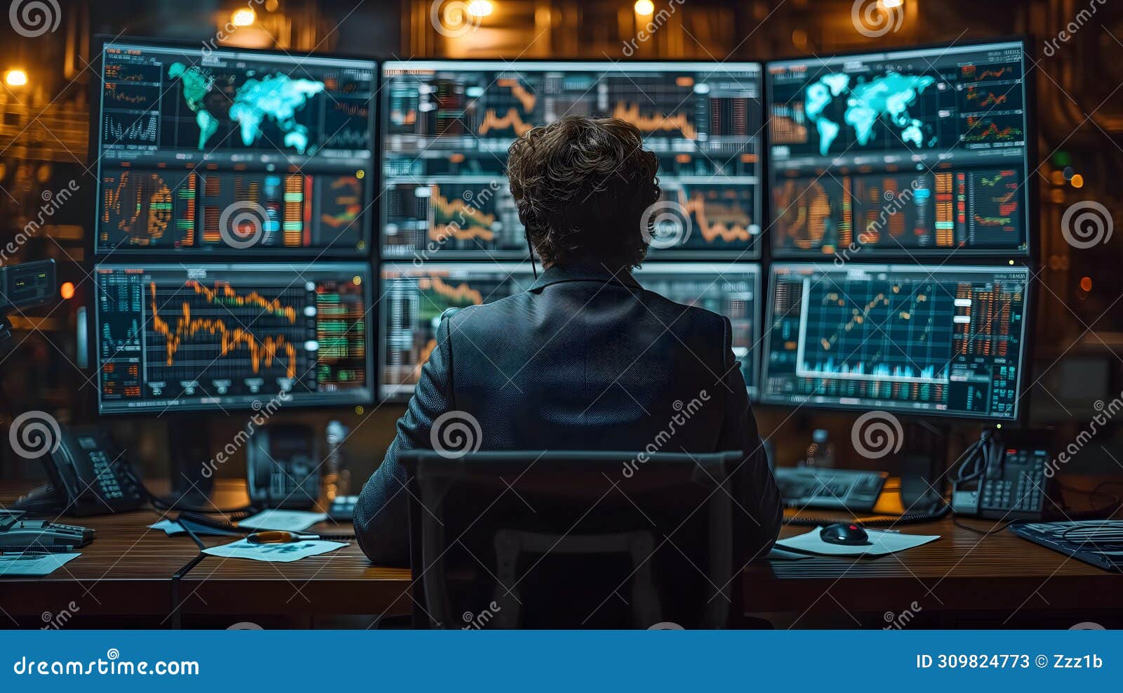 Back View of a Financial Analyst Day Trader Working on Computer with ...