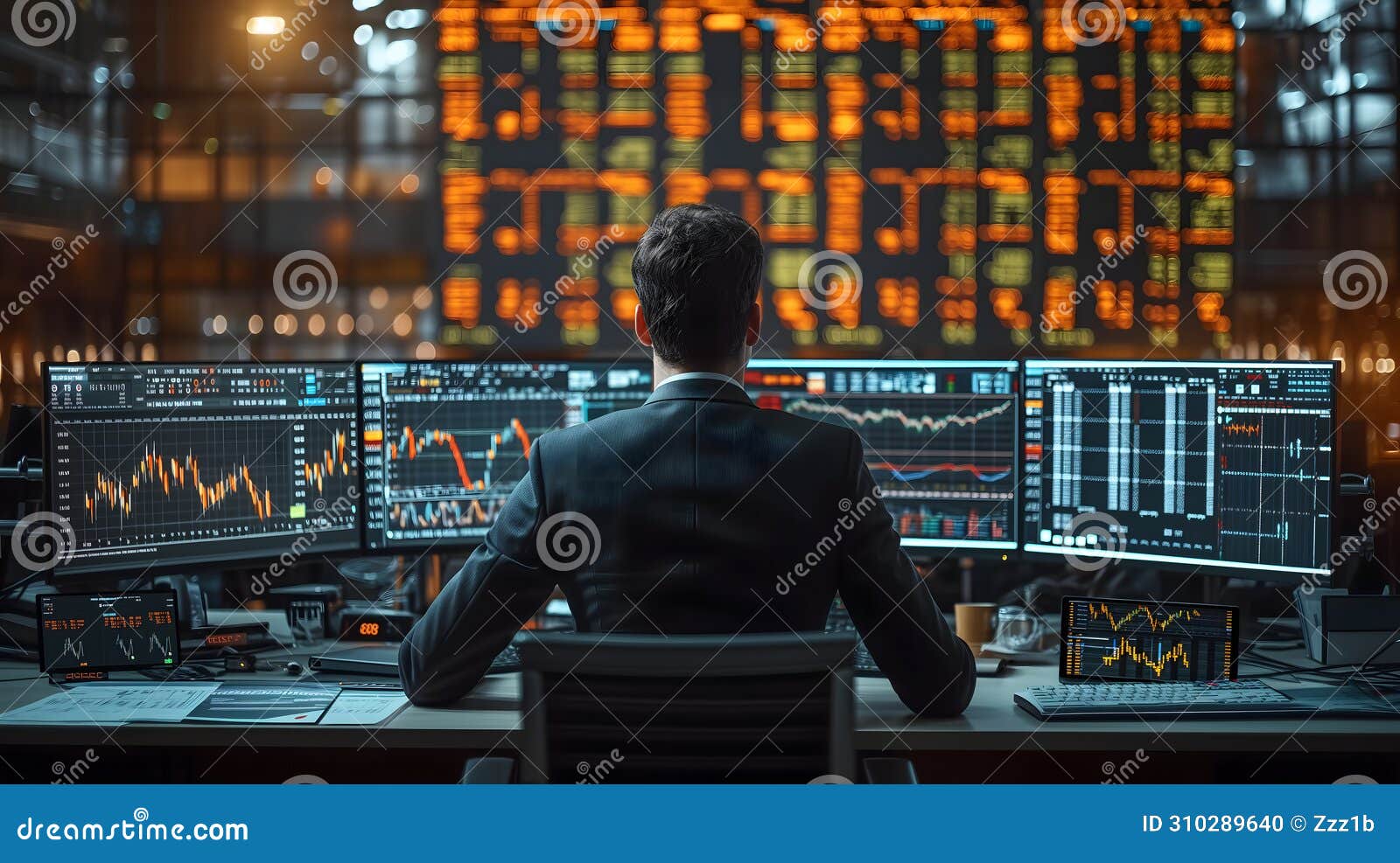Back View of a Financial Analyst Day Trader Working on Computer with ...