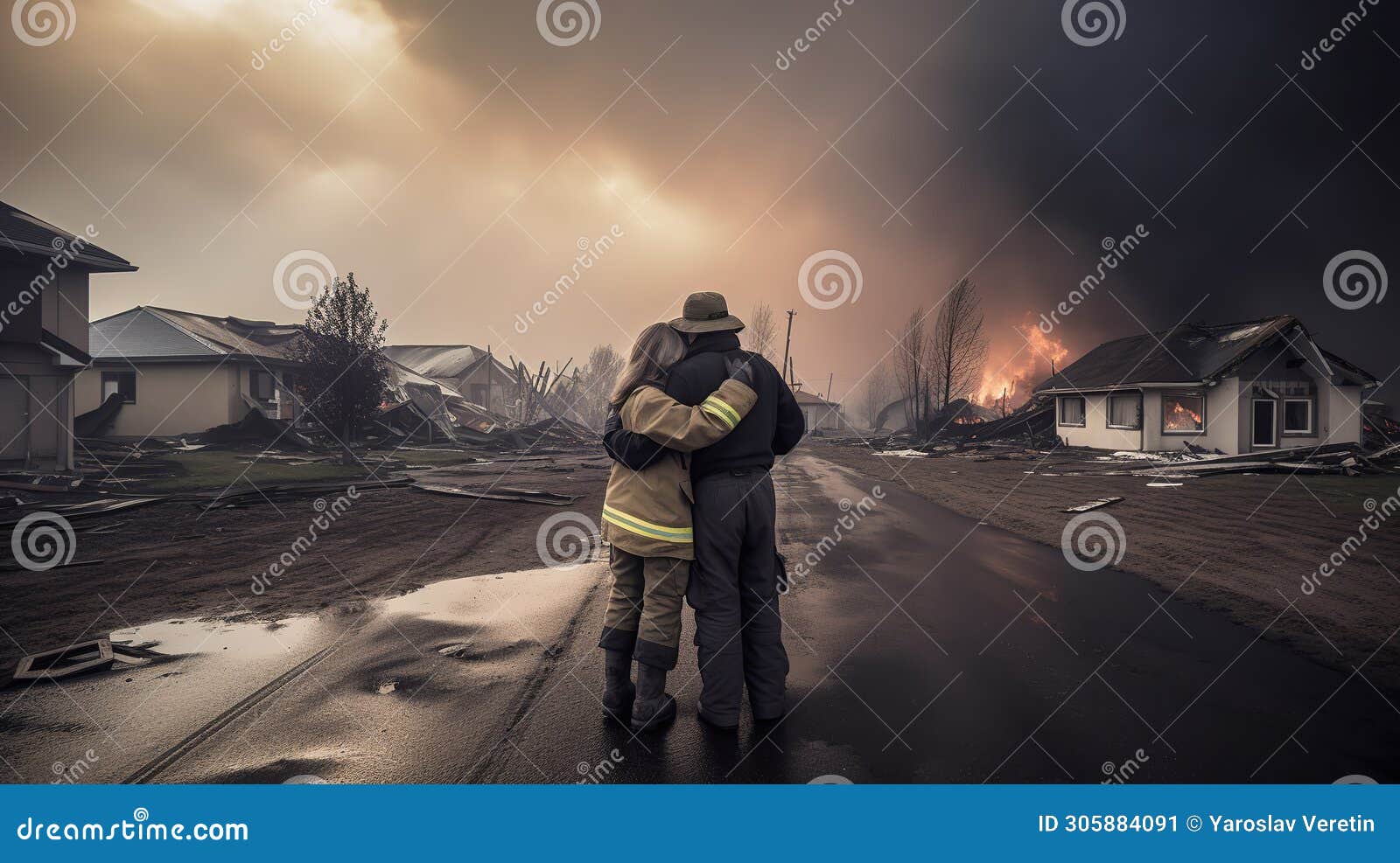 Back View of Firefighter Man an Woman Watching on Fire an Hugging Stock ...