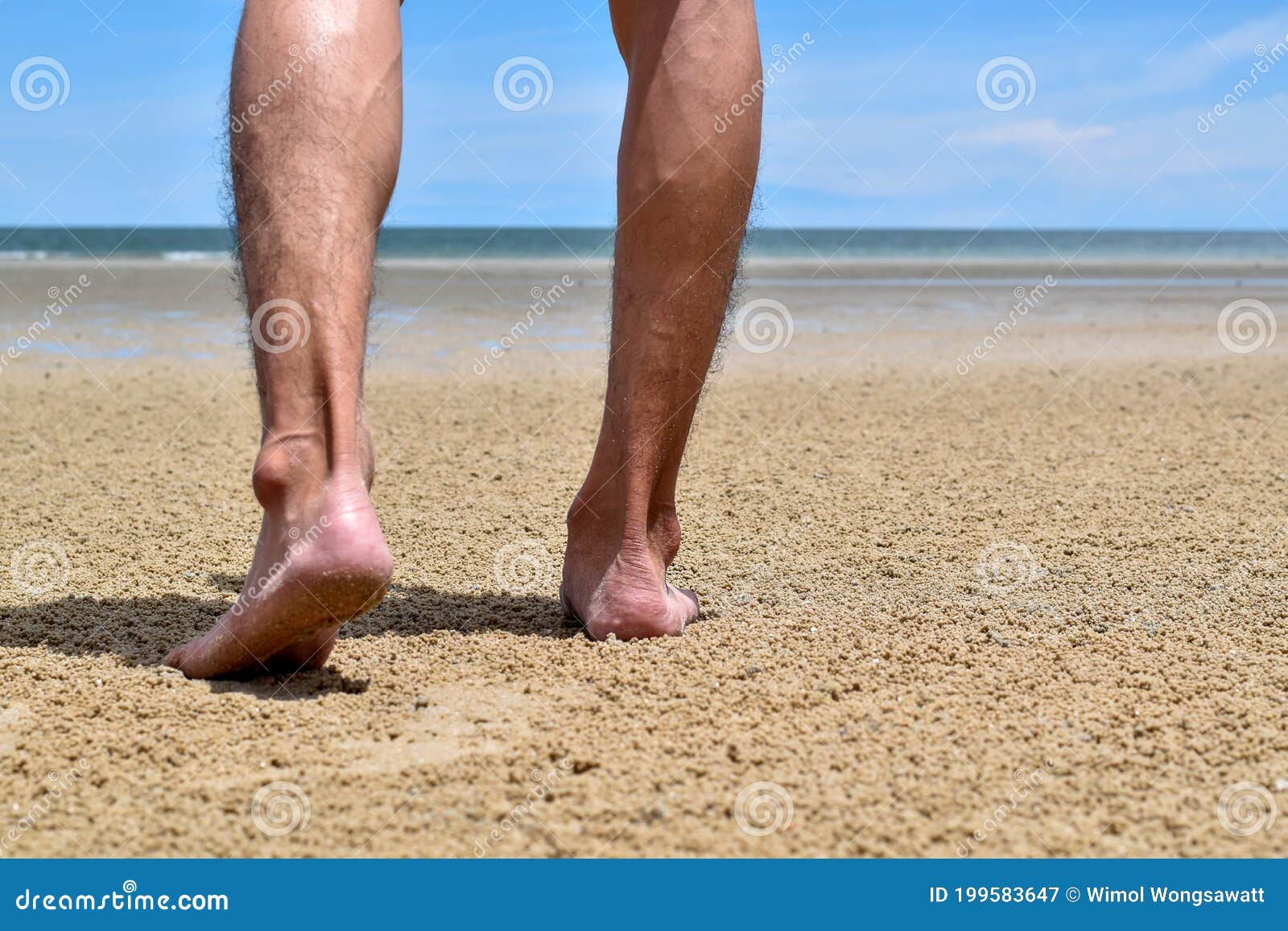 Back View Foot, Young Man Foot on a Natural Beach with the Sea in Front ...
