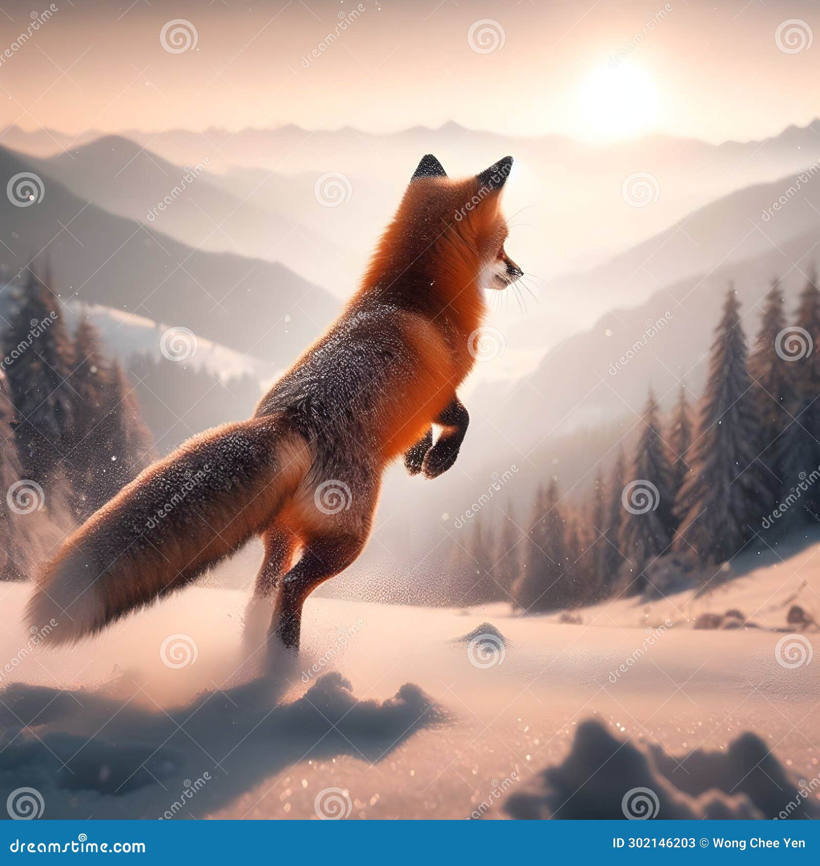 Back View of Fox Jumping in Snow Forest Mountains Stock Illustration ...