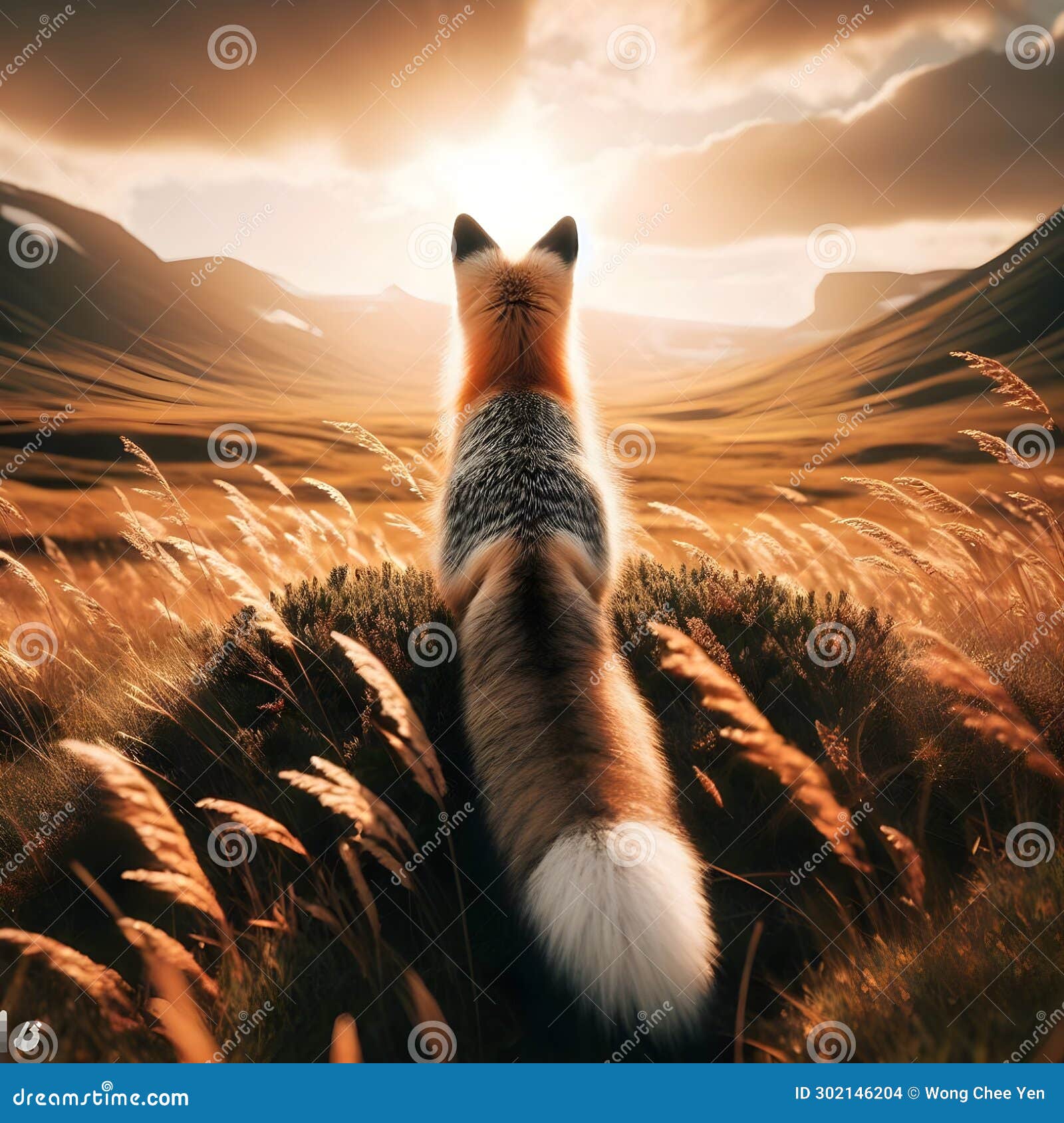 Back View of Fox Looking Out on Mountainous Meadow Stock Illustration ...