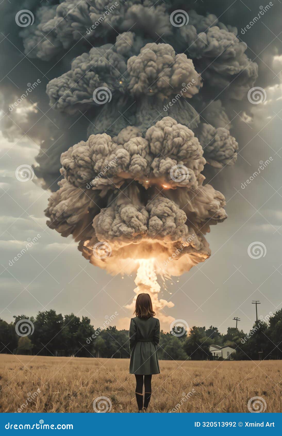 Back View of Girl in the Field Looking an Atomic Explosion in City ...