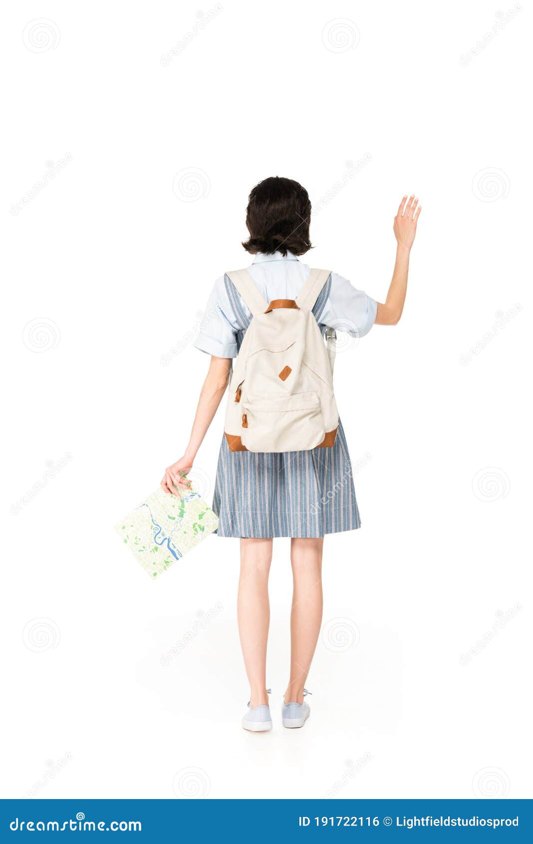 Back View of Girl Waving Hand and Holding Map Stock Photo - Image of ...