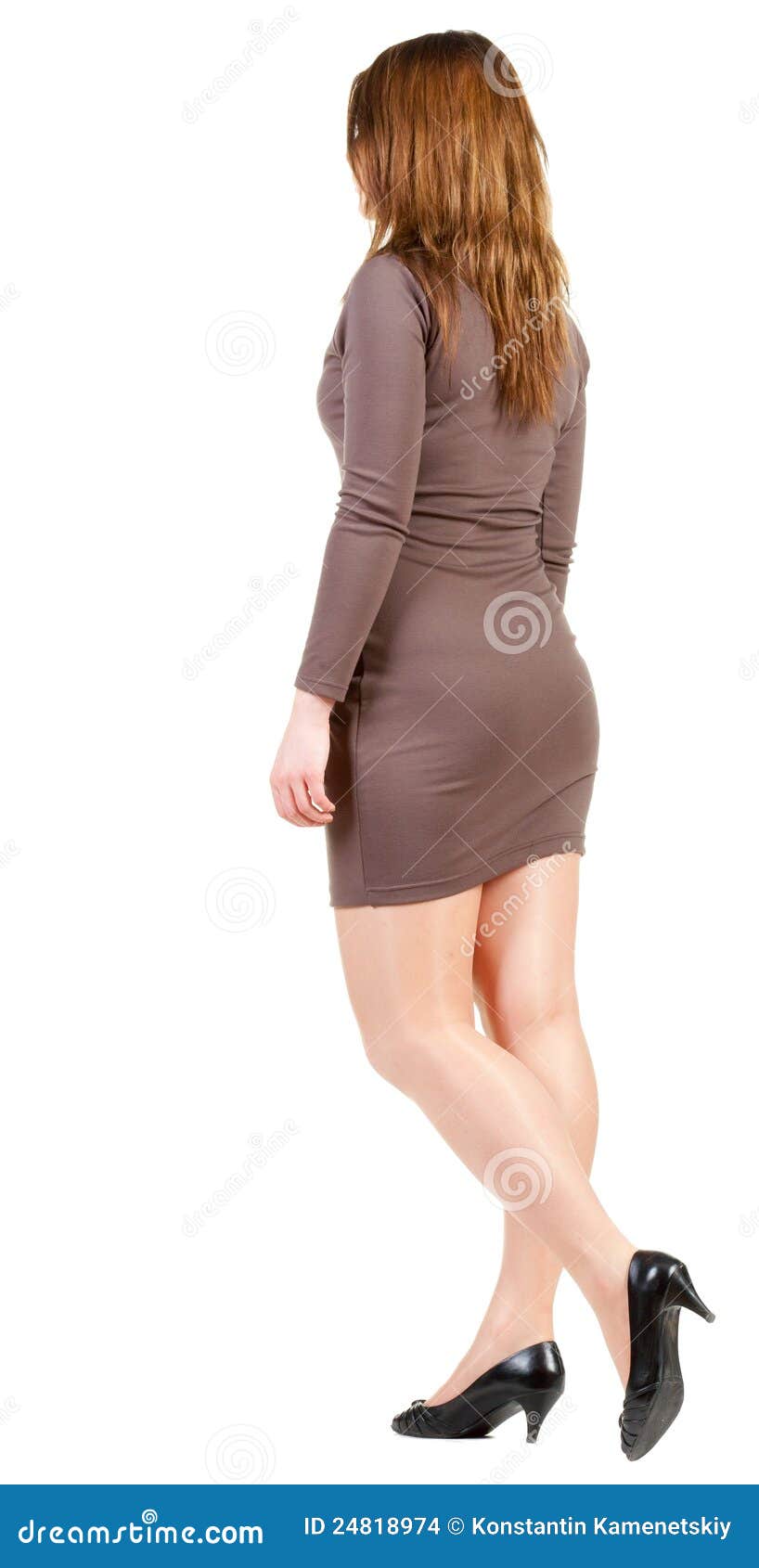 Back View of Going Girl in Brown Dress. Stock Photo - Image of movement ...