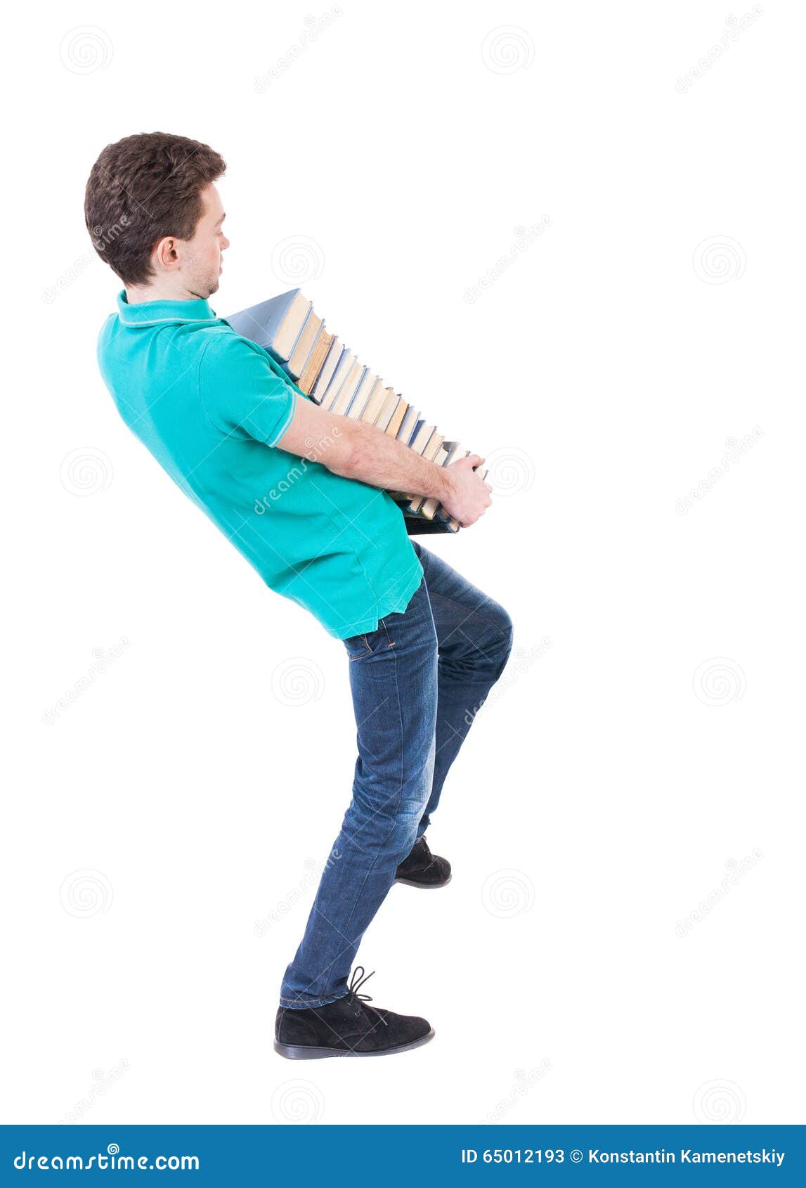 Back View of Going Handsome Man Carries a Stack of Books. Stock Image ...