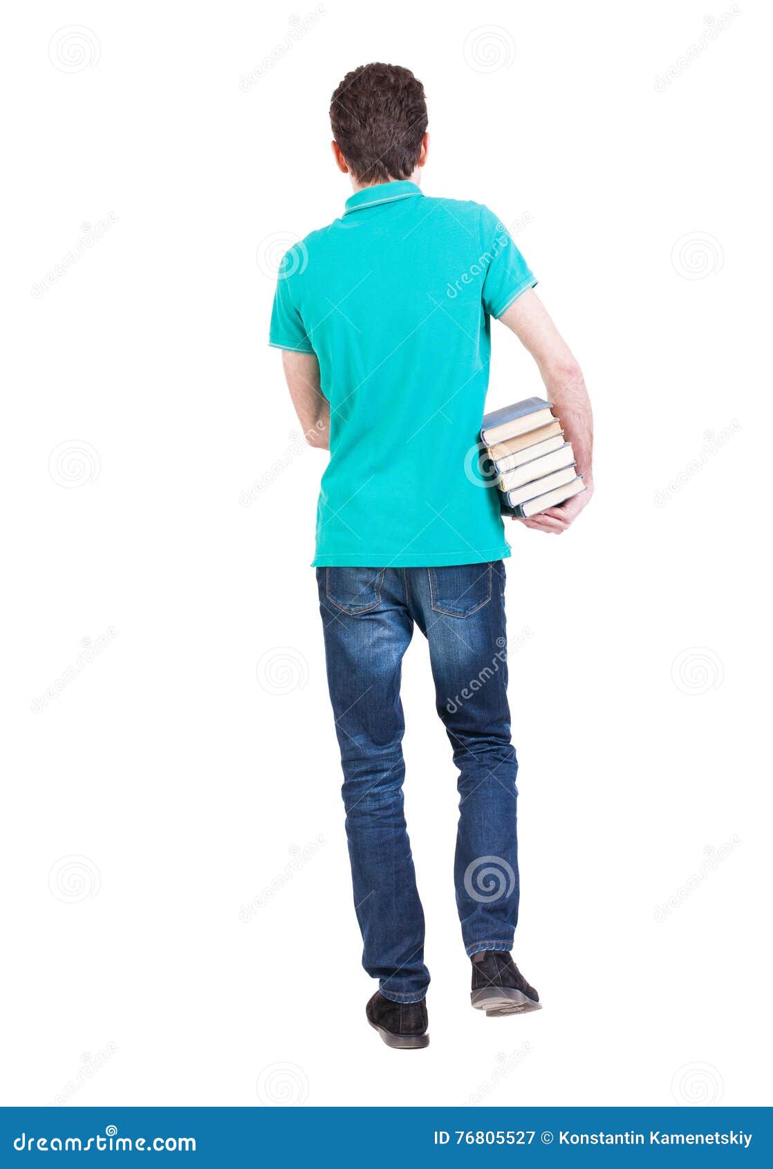 Back View of Going Handsome Man Carries a Stack of Books. Stock Image ...