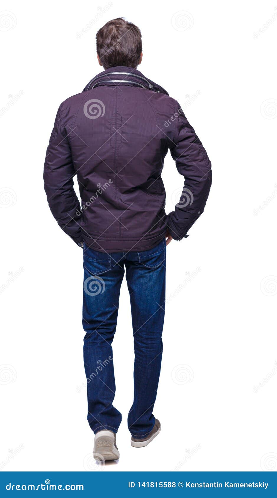 Back View of Going Handsome Man in Jeans and Winter Jacket Stock Photo ...
