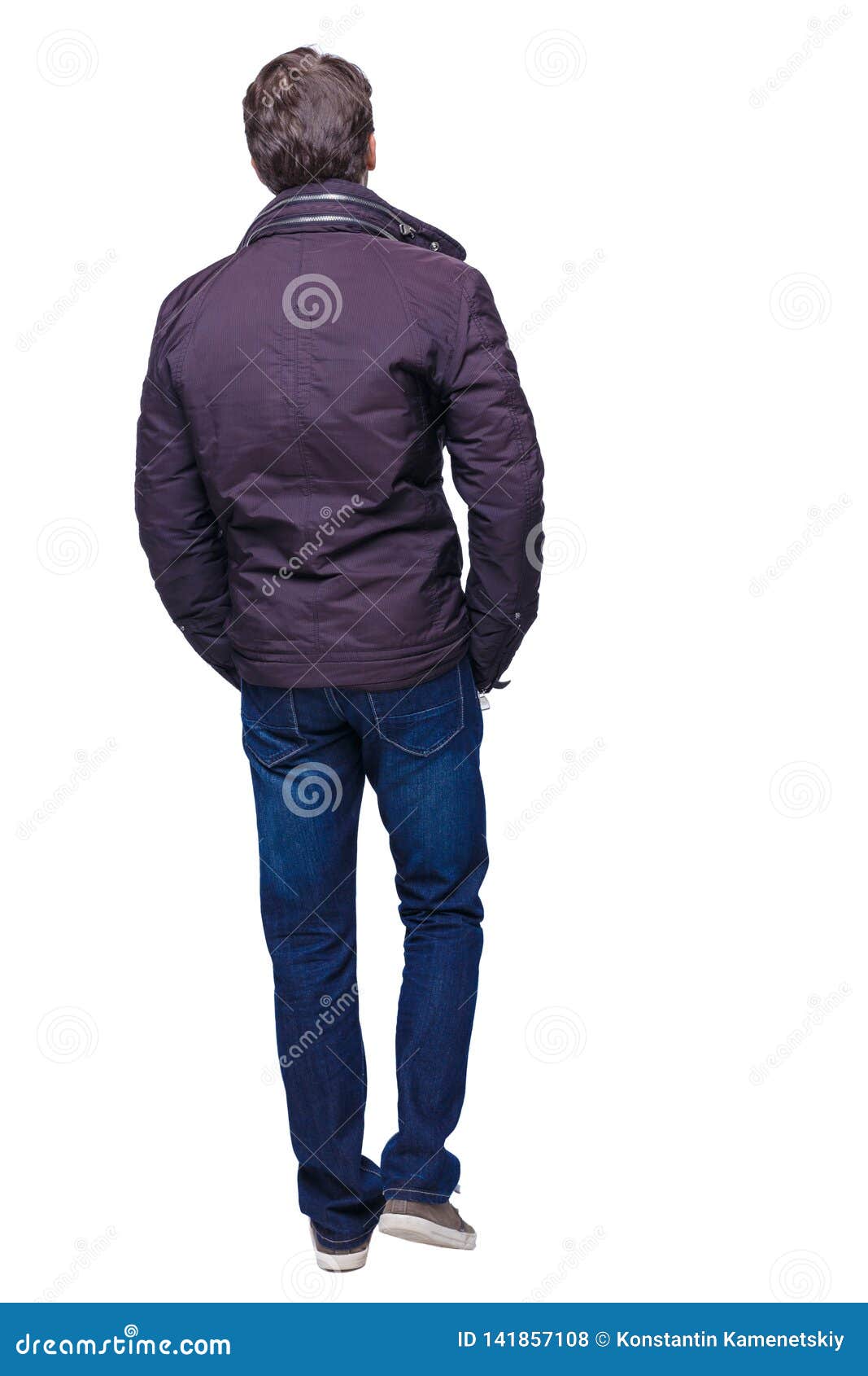Back View of Going Handsome Man in Jeans and Winter Jacket Stock Photo ...