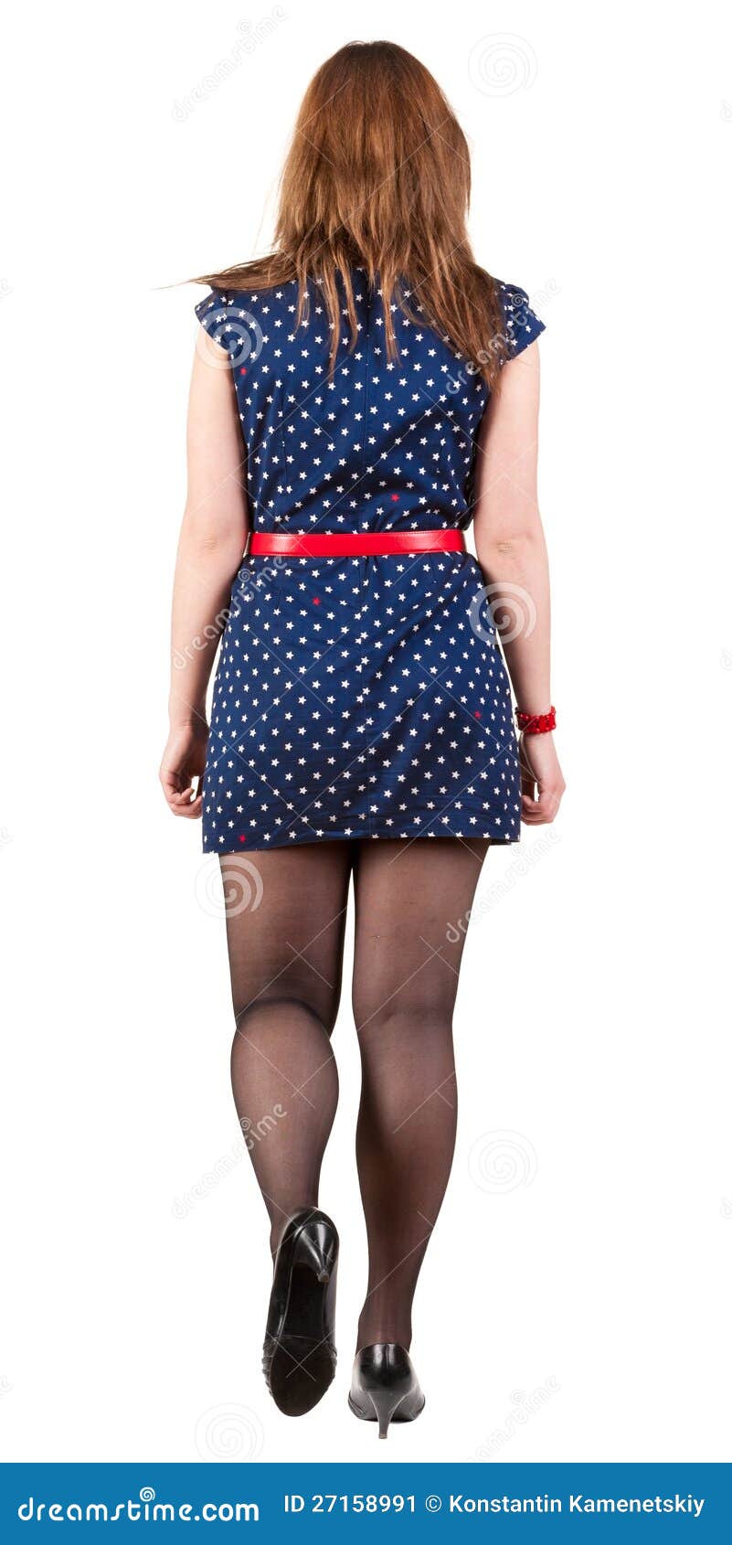 Back View of Going Woman in Blue Dress. Stock Image - Image of cheerful ...