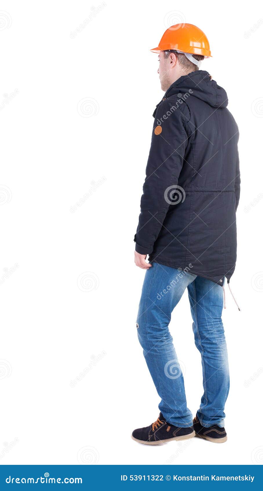 Back View of Going Worker in a Helmet. Walking Young Engineer. Stock ...