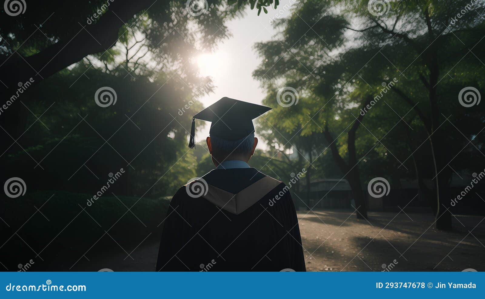 Back View of a Graduation Man in Cap and Gown Standing in the Park ...