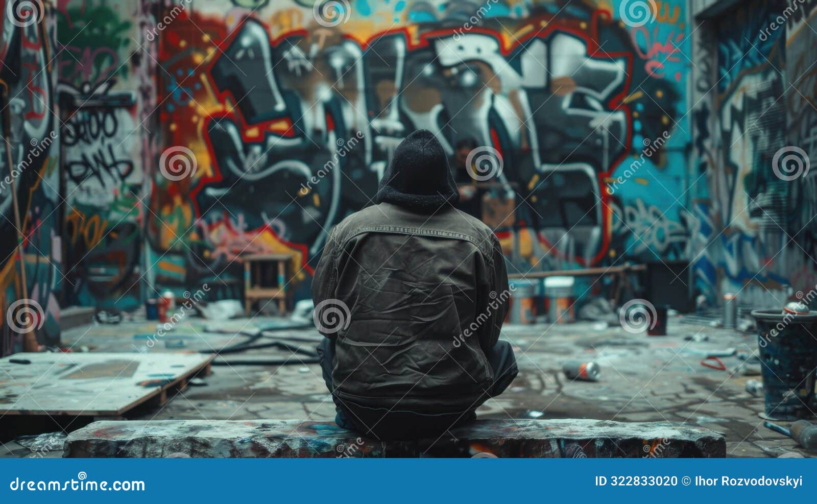 Back View of a Graffiti Artist at Work. Stock Photo - Image of wall ...