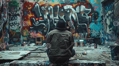 Back View of a Graffiti Artist at Work. Stock Photo - Image of wall ...