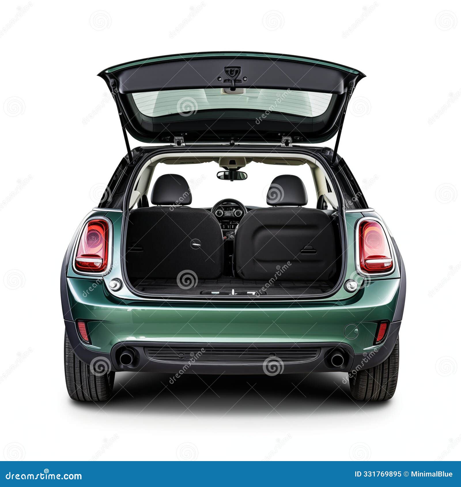 Back View of Green Hatchback Car with Open Trunk and Folded Rear Seats ...