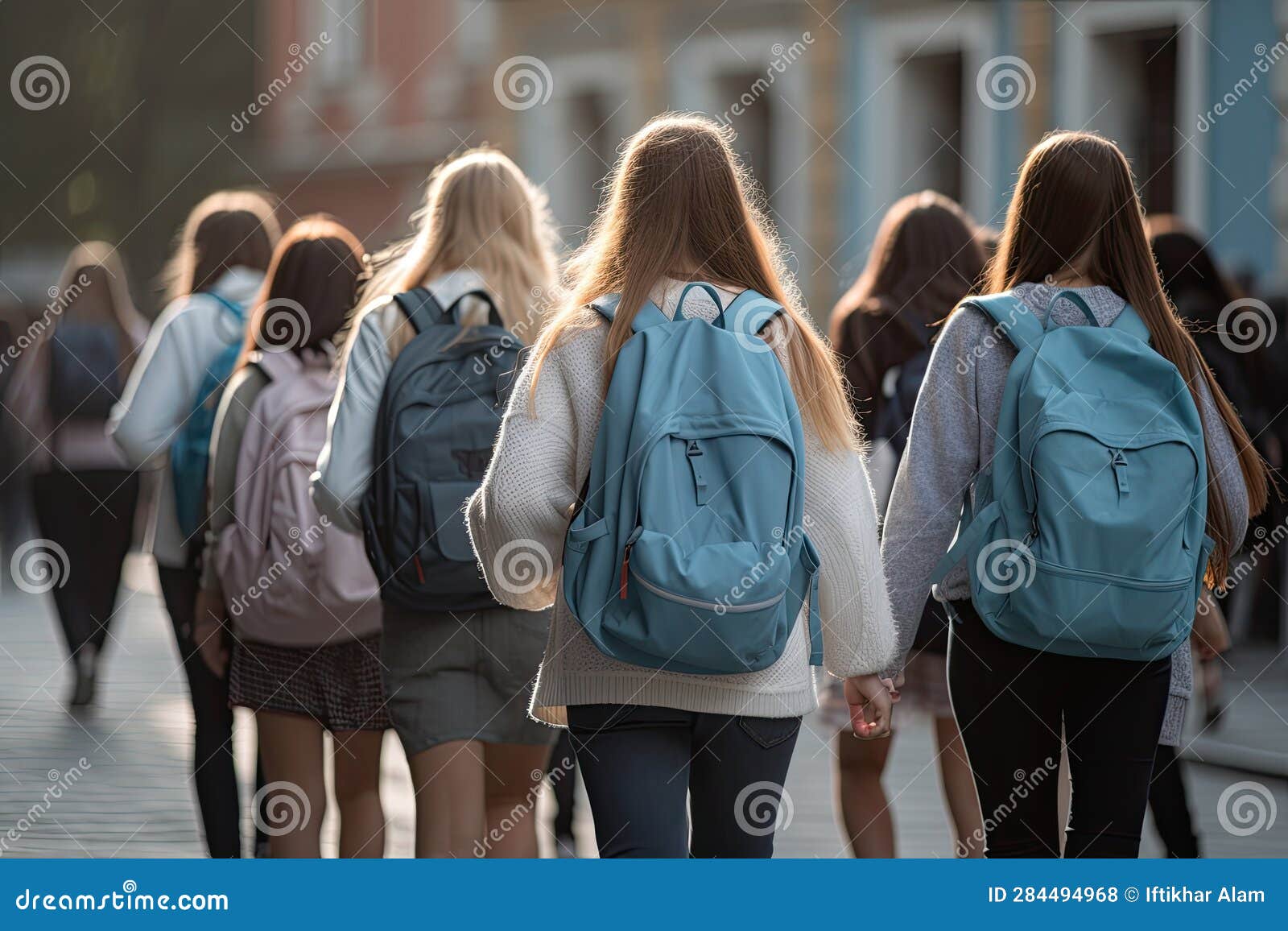 Back View of a Group of Female Students with Backpacks Walking in the ...