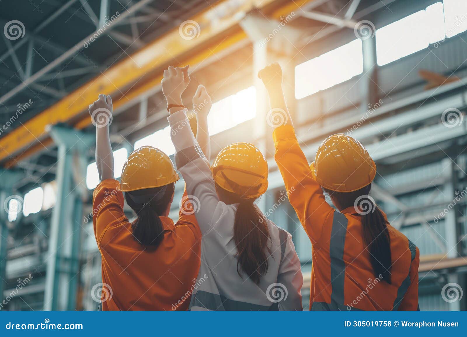 Back View. Group of Industrial Warehouse Worker in and Safety Suite Celebrating or Raise Hands ...