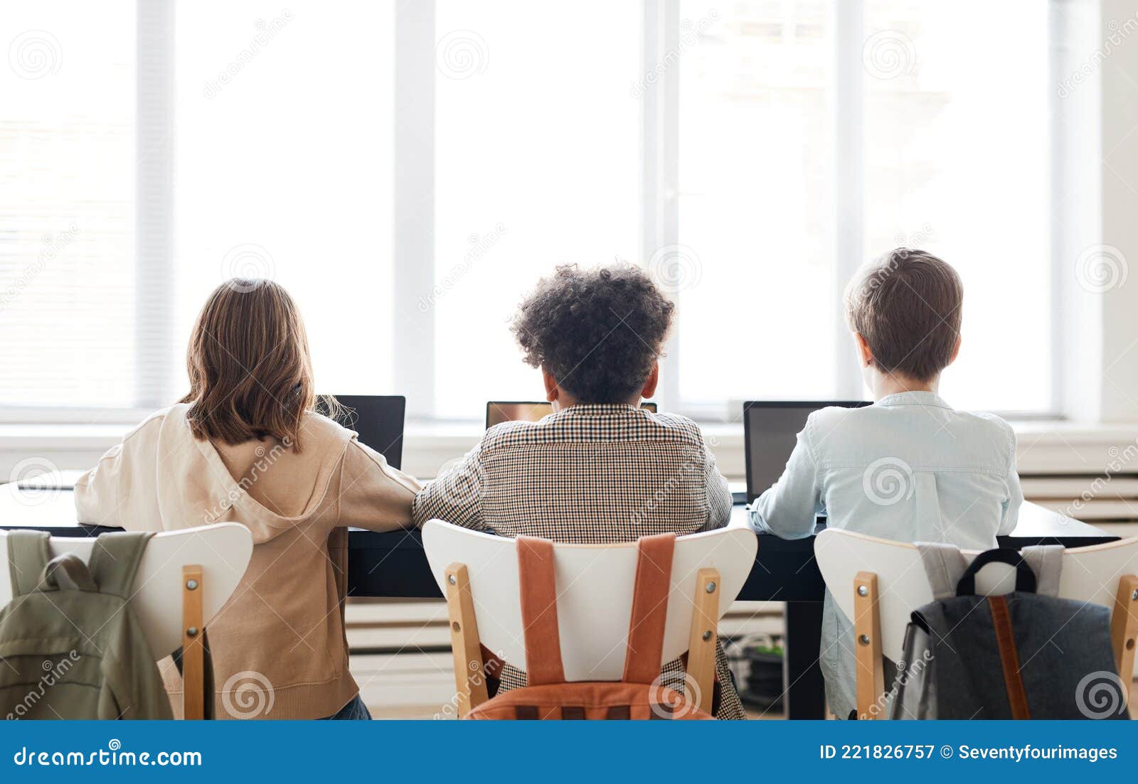 Kids Using Computers in School Back View Stock Image - Image of laptop ...