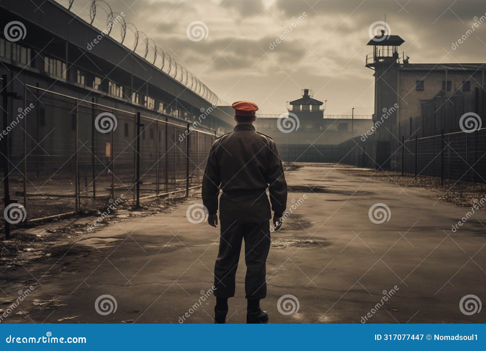 Back View of Guard Patrolling the Prison Yard. Generative AI Stock ...